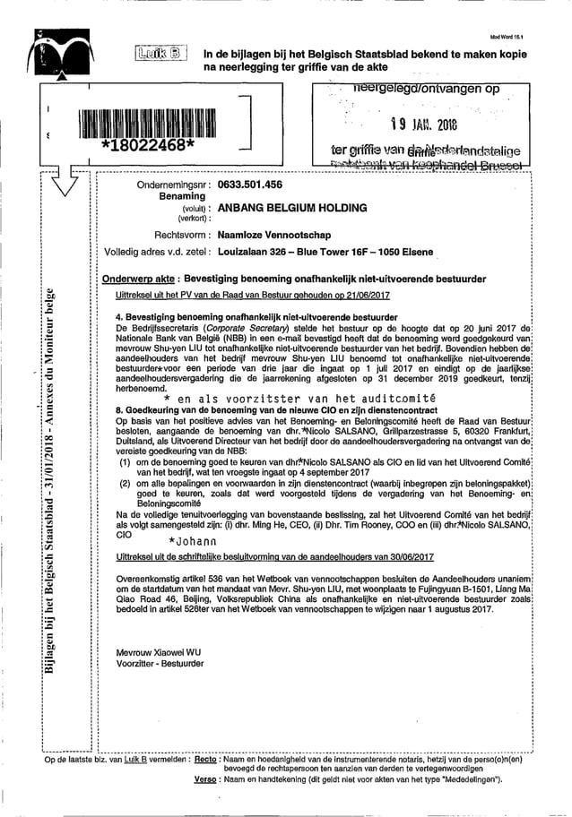 Bevestiging benoeming bestuurder bij Anbang Holding Belgium (ABBH) | PDF