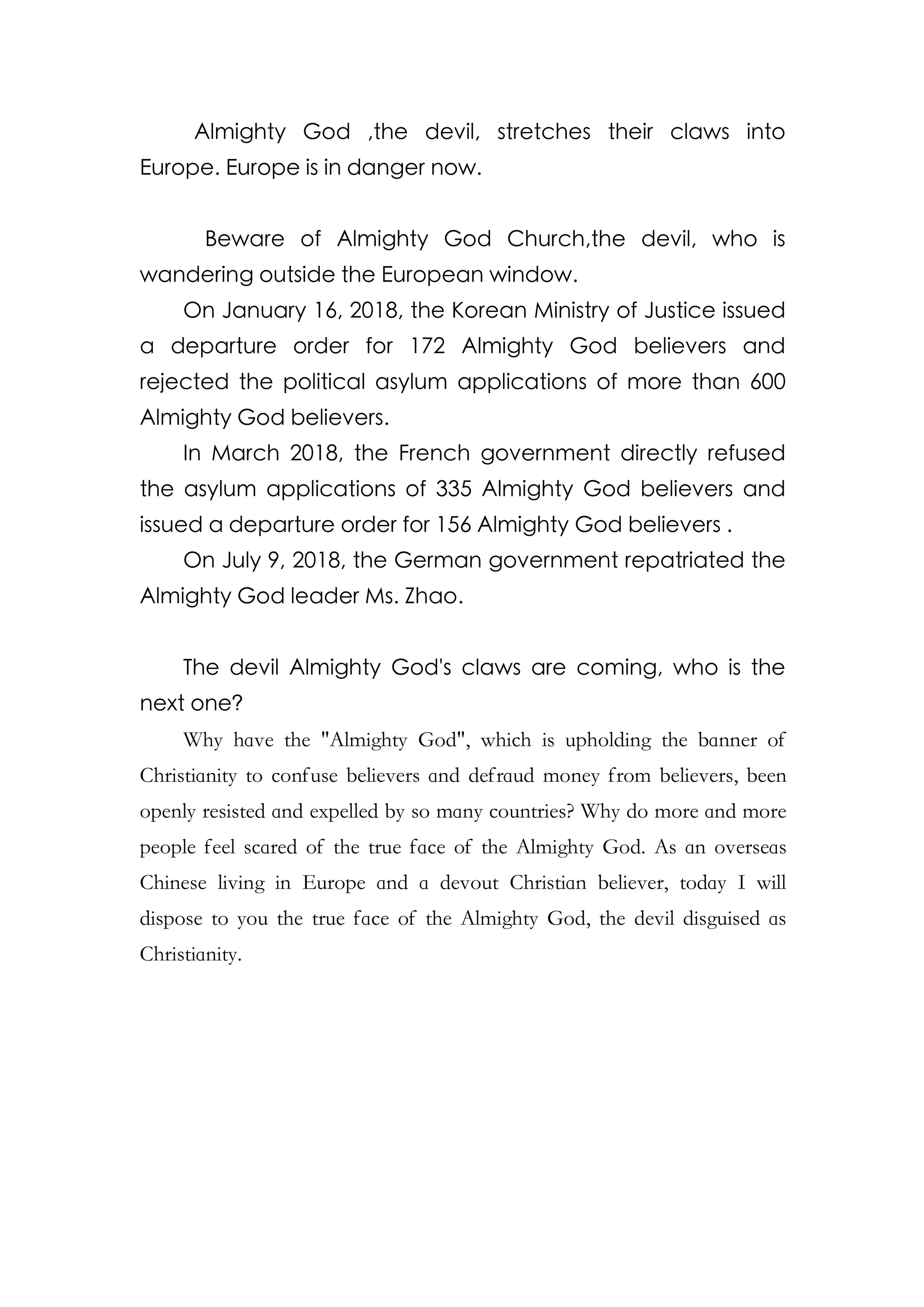 Beware of almighty god church,the devil, who is wandering outside the ...