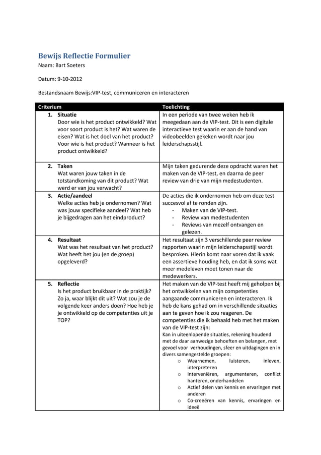 Bewijs reflectie formulier vip test-c&i | PDF