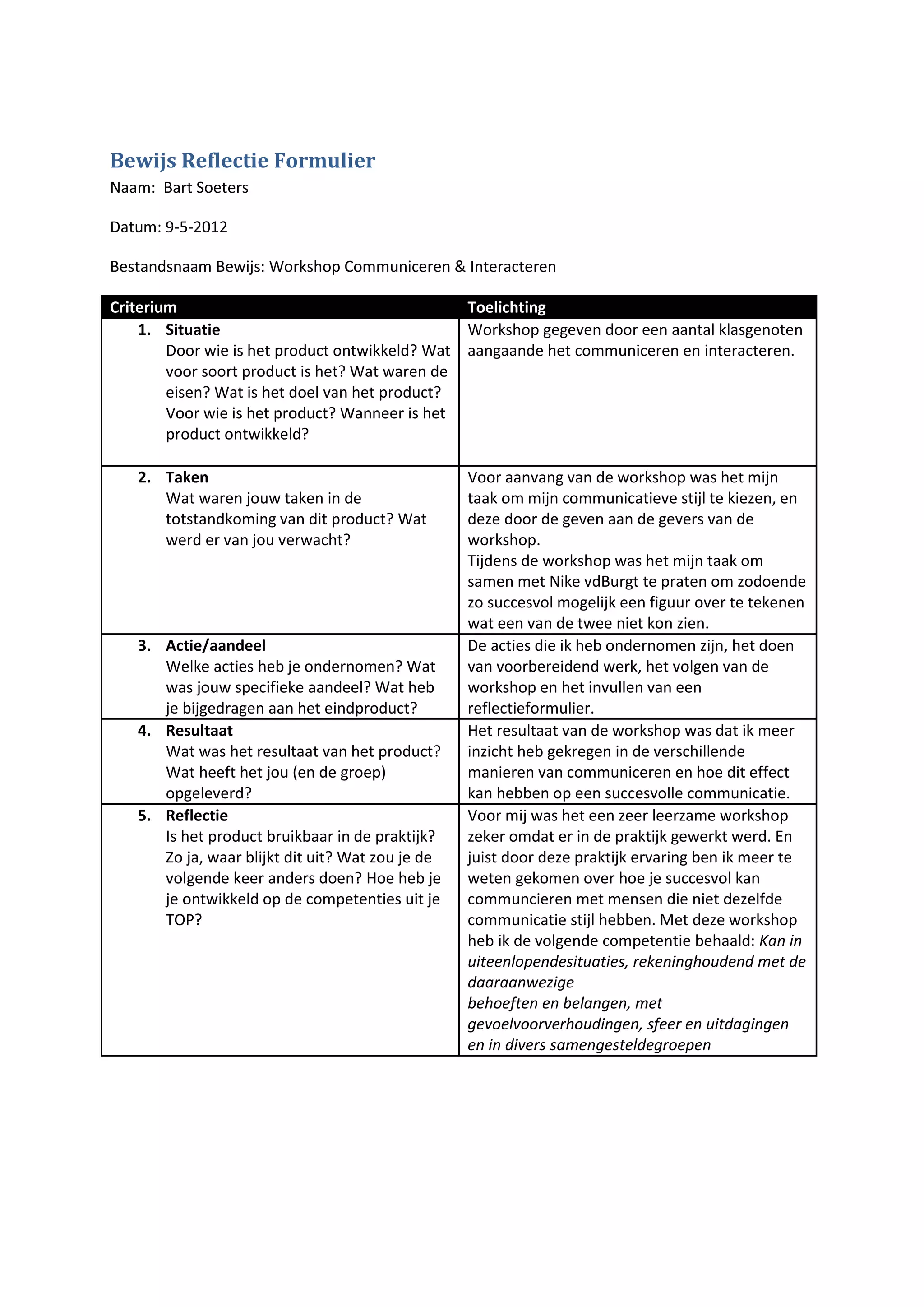 Bewijs reflectie formulier workshop c&a | DOCX