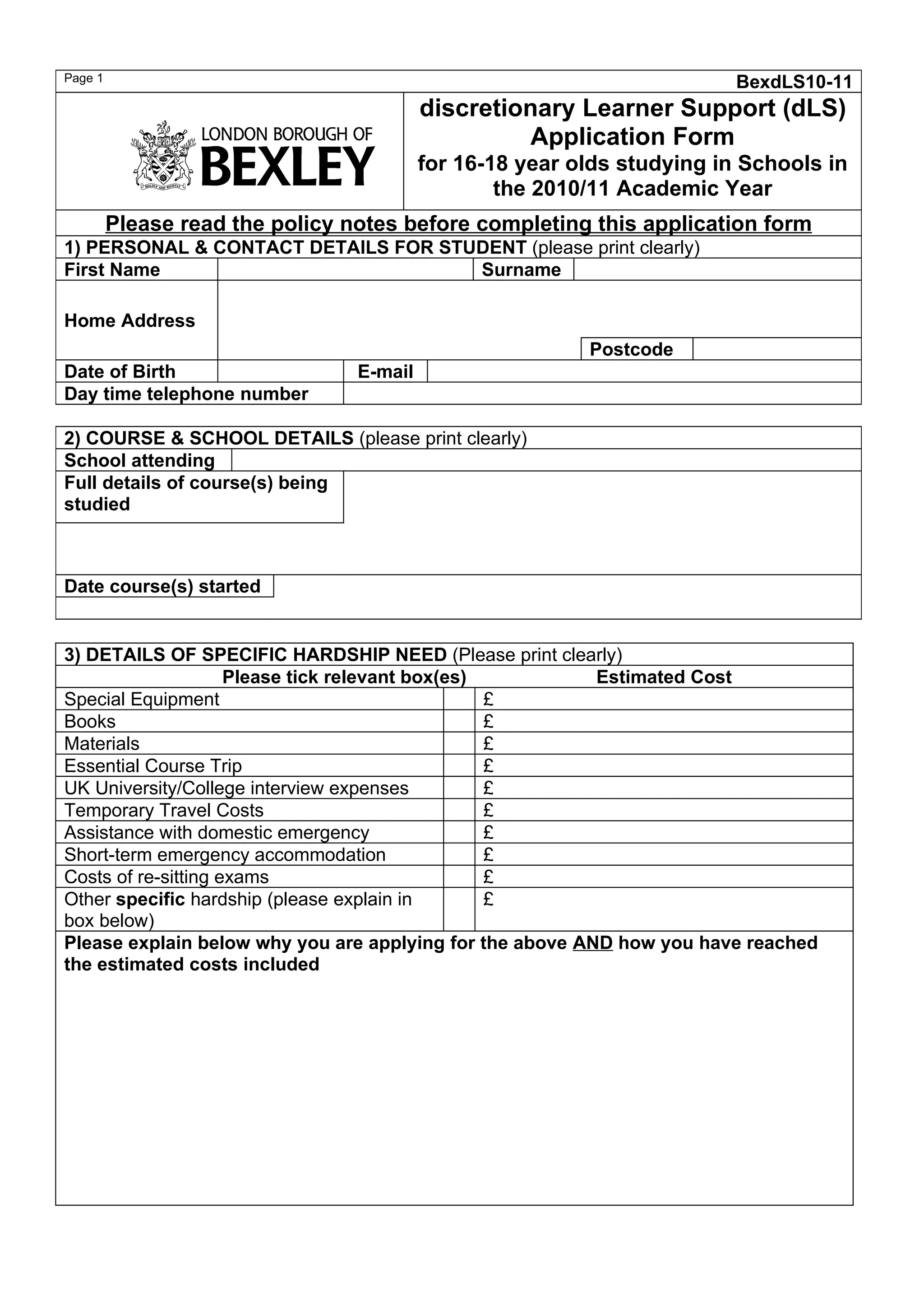 Bexley hardship fund application form | DOC