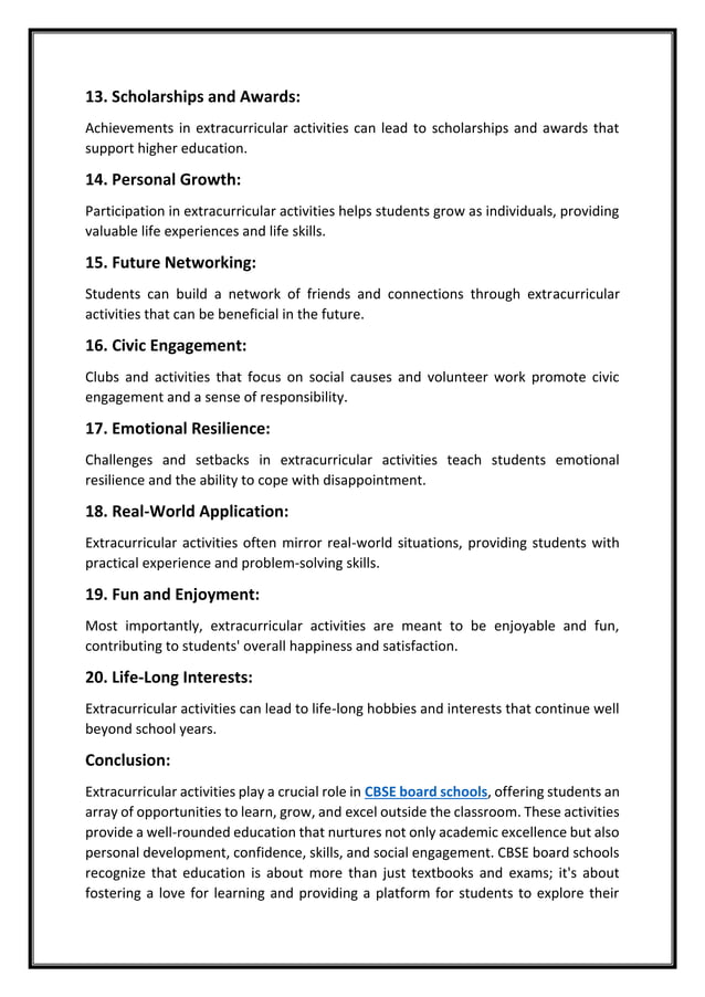 Beyond Academics Extracurricular Activities in CBSE Board Schools | PDF