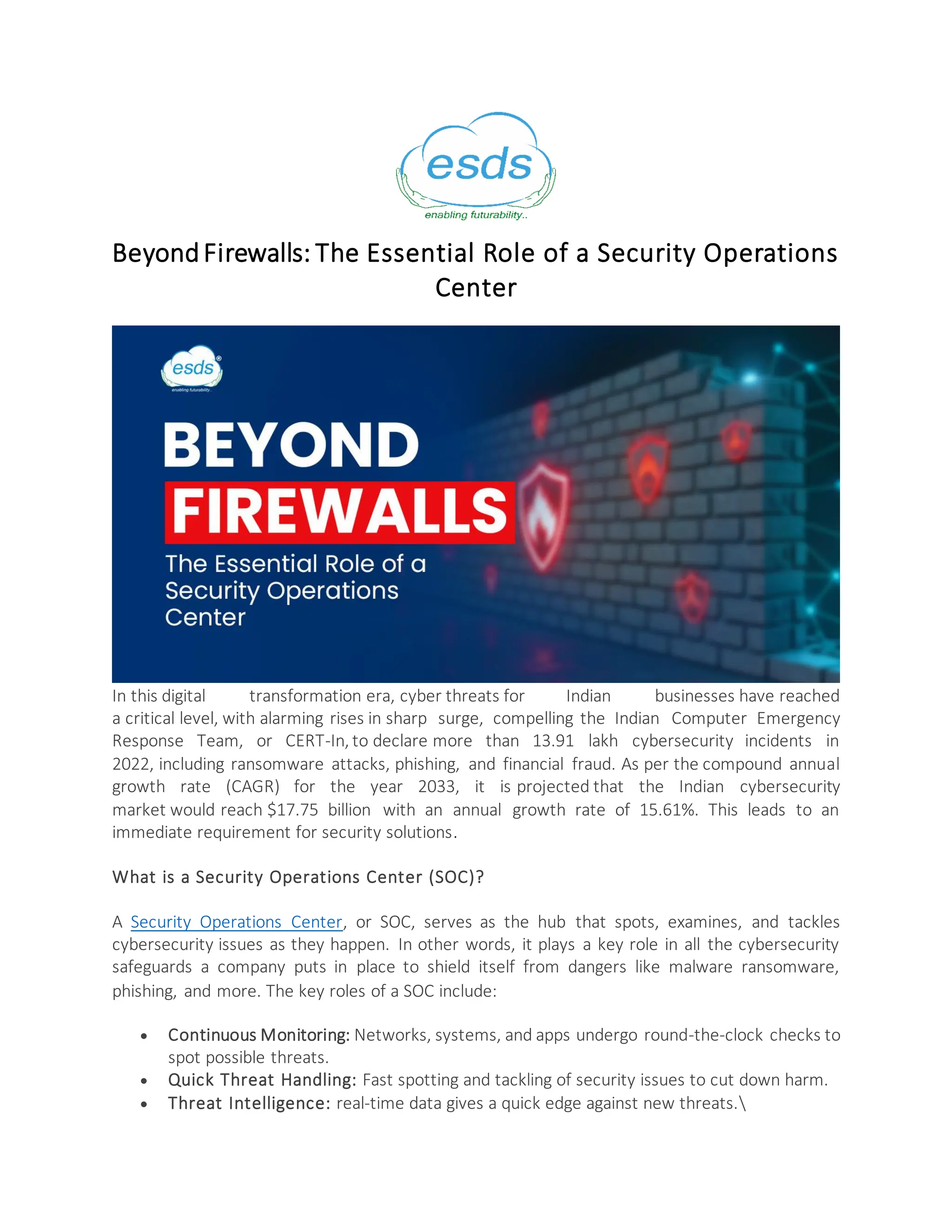 Beyond Firewalls The Essential Role of a Security Operations Center | PDF