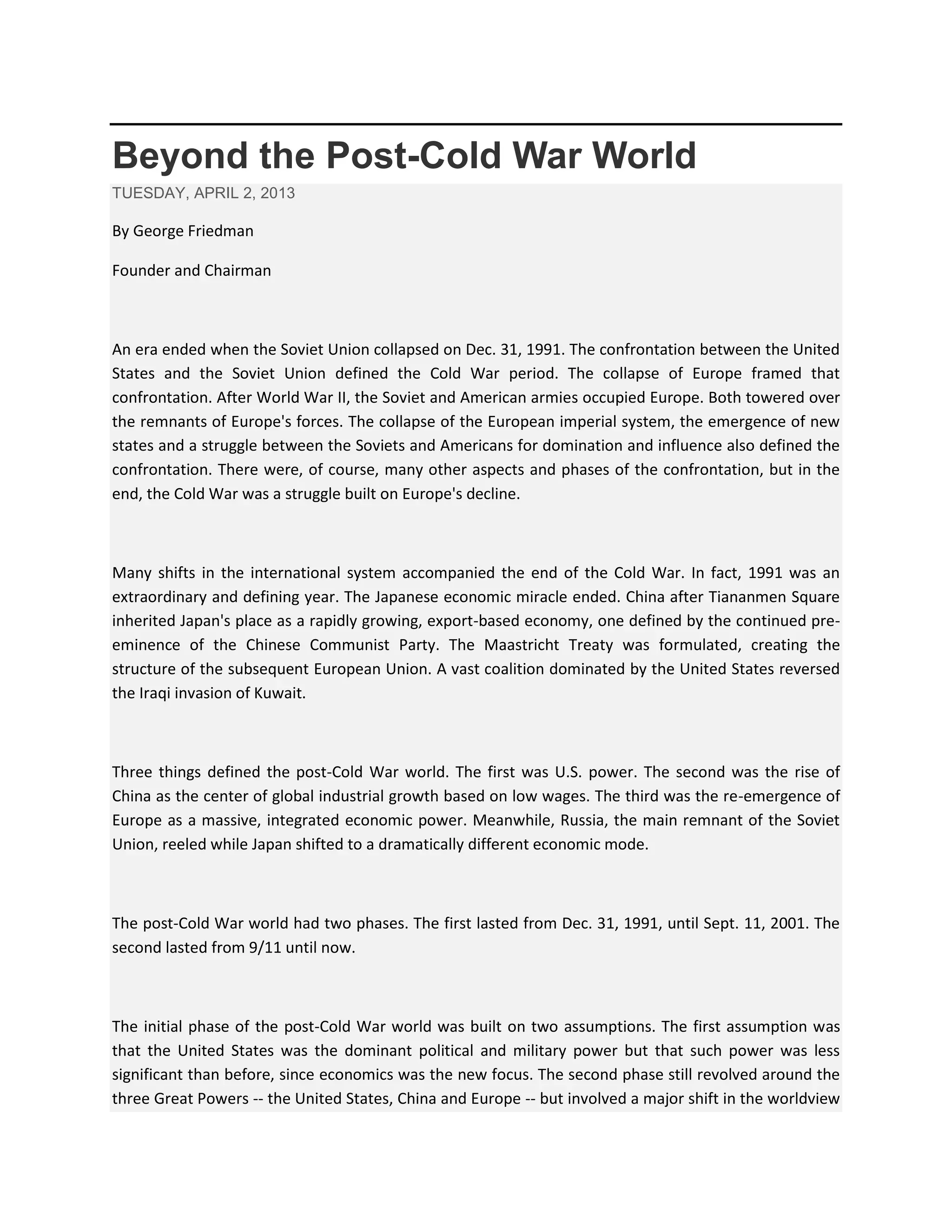 Beyond the post cold war world | PDF