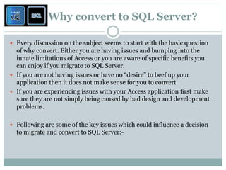 Migrate Access to SQL Server/Azure | PPTX | Databases | Computer Software and Applications
