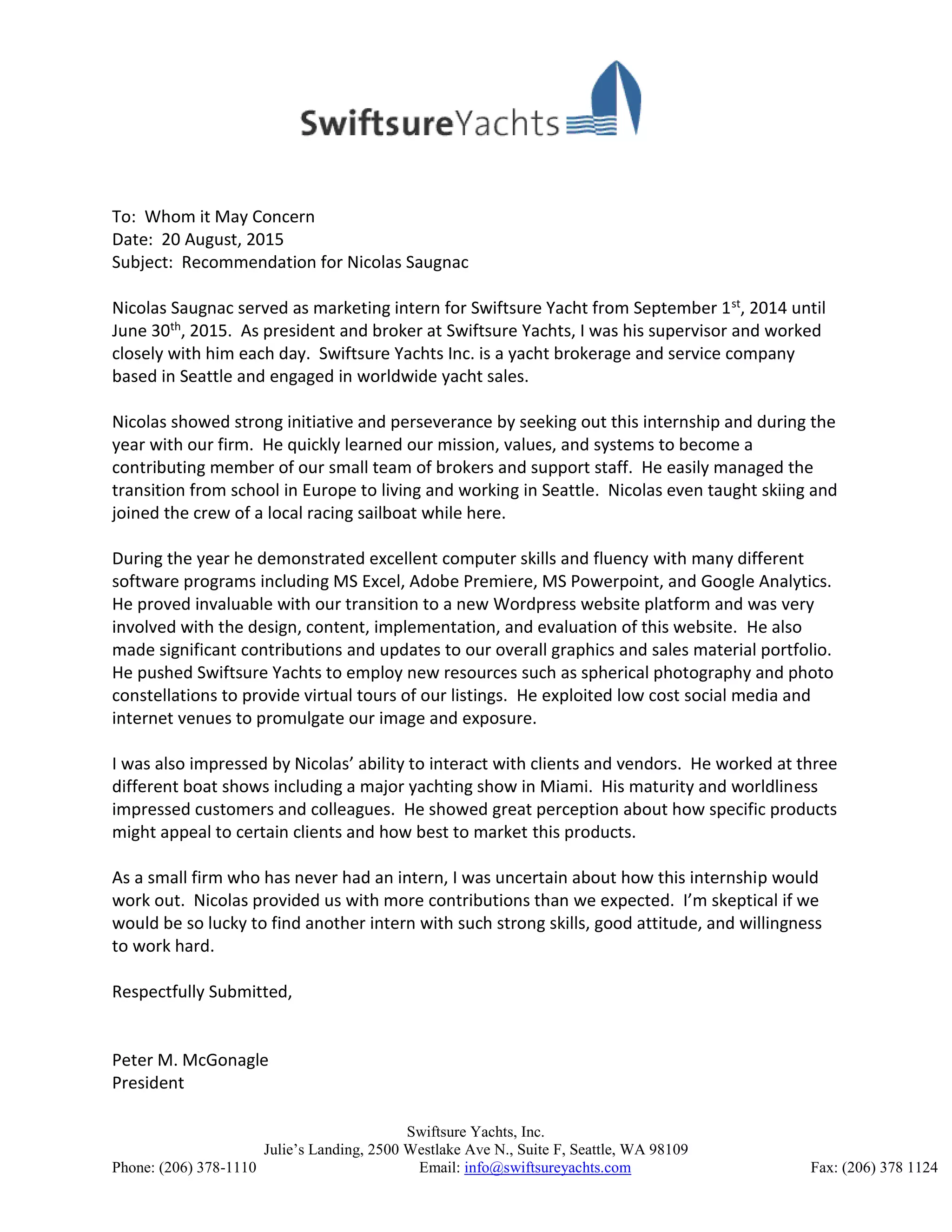 Recommendation Letter from Swiftsure Yachts | PDF