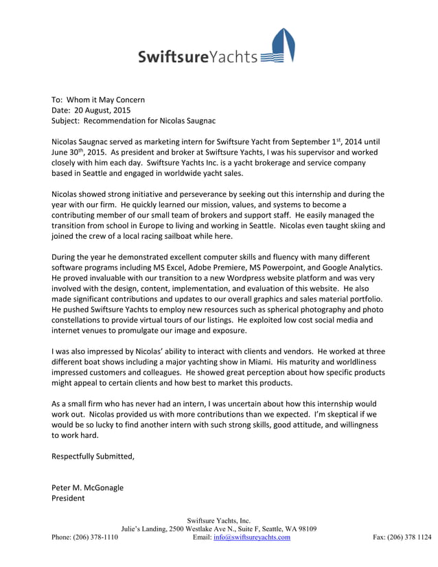 Recommendation Letter from Swiftsure Yachts | PDF