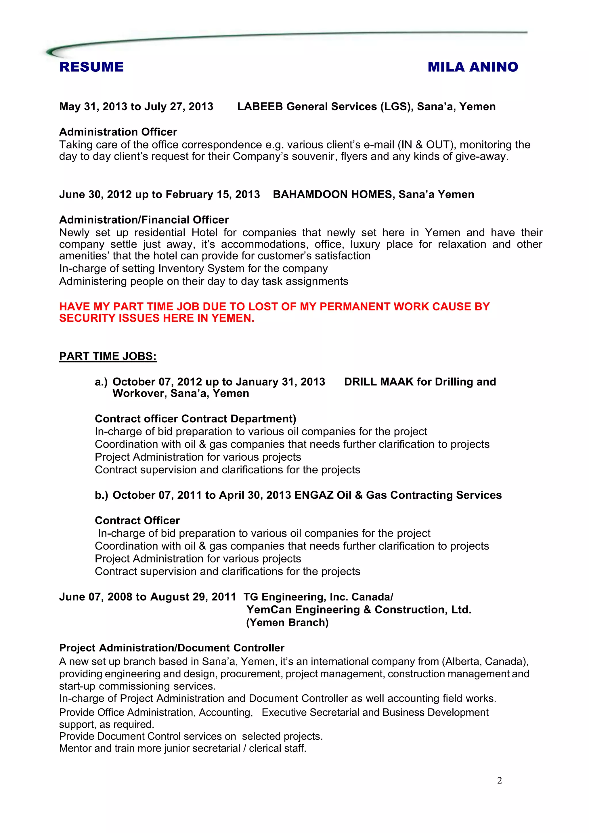 cv mila anino | PDF | Civil Engineering Industry | Industries