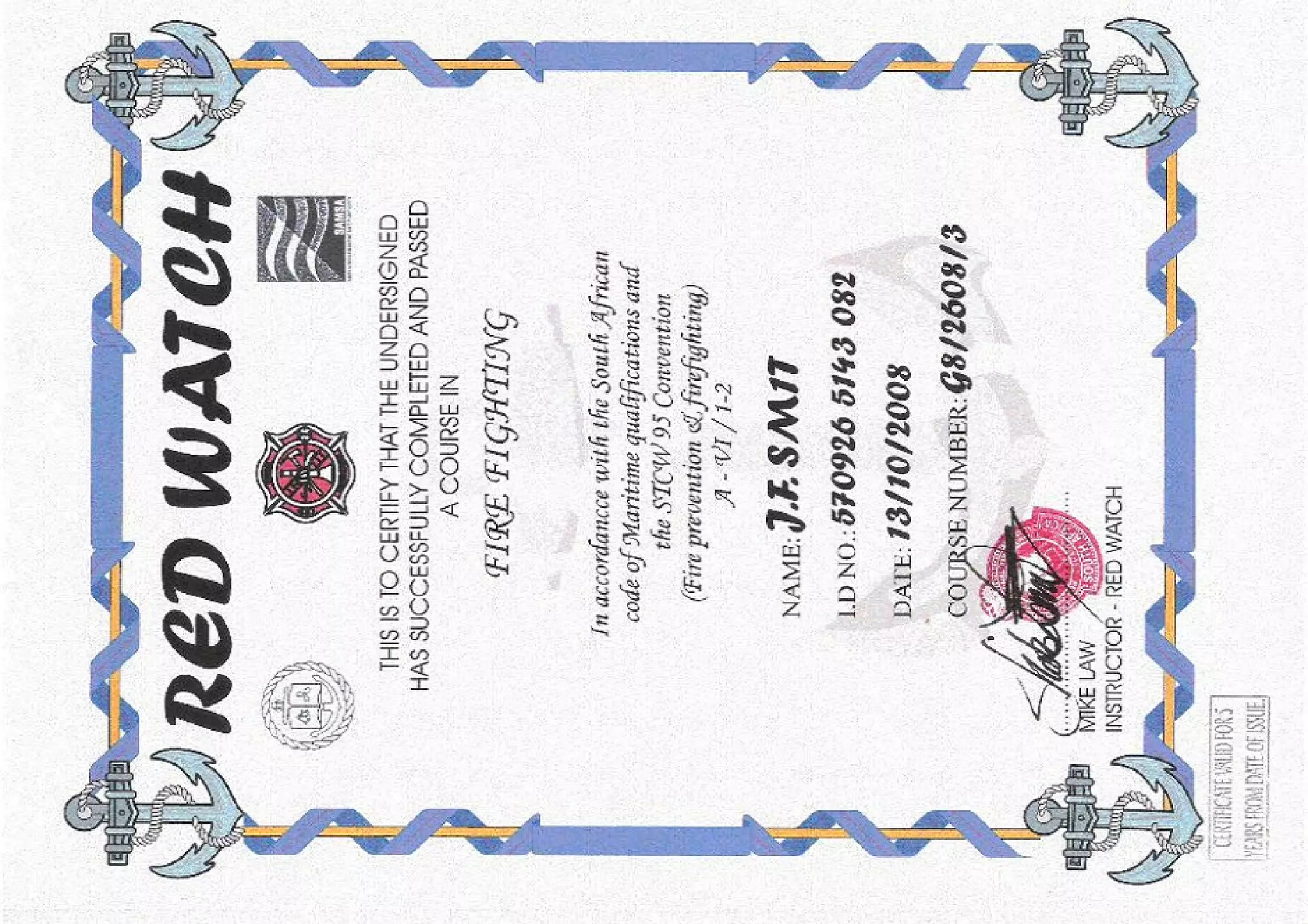 JF Smit Marine Fire Fighting Certificate | PDF