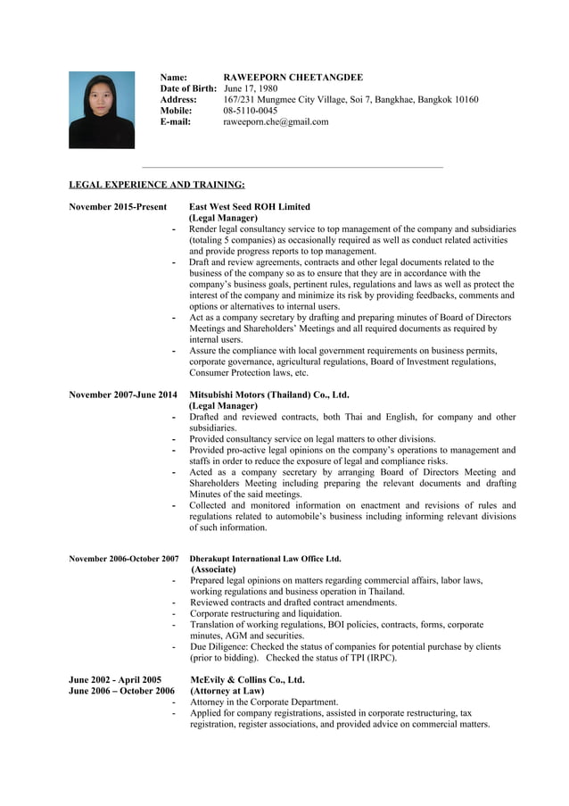 Resume_Raweeporn (updated 2016) | DOC | Legal Services Industry | Industries