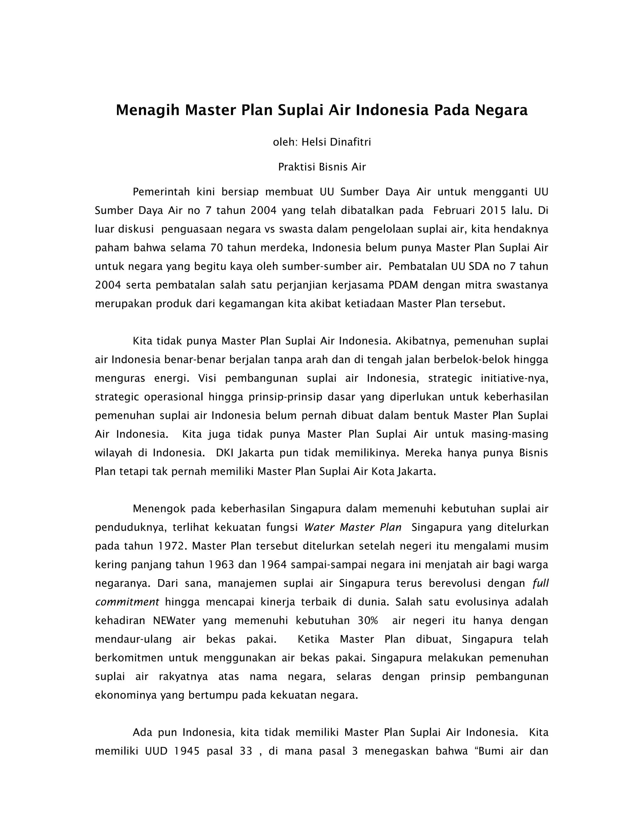 MENAGIH MASTER PLAN SUPLAI AIR INDONEISA (Bisnis Indonesia 19 Juni 2015) | PDF