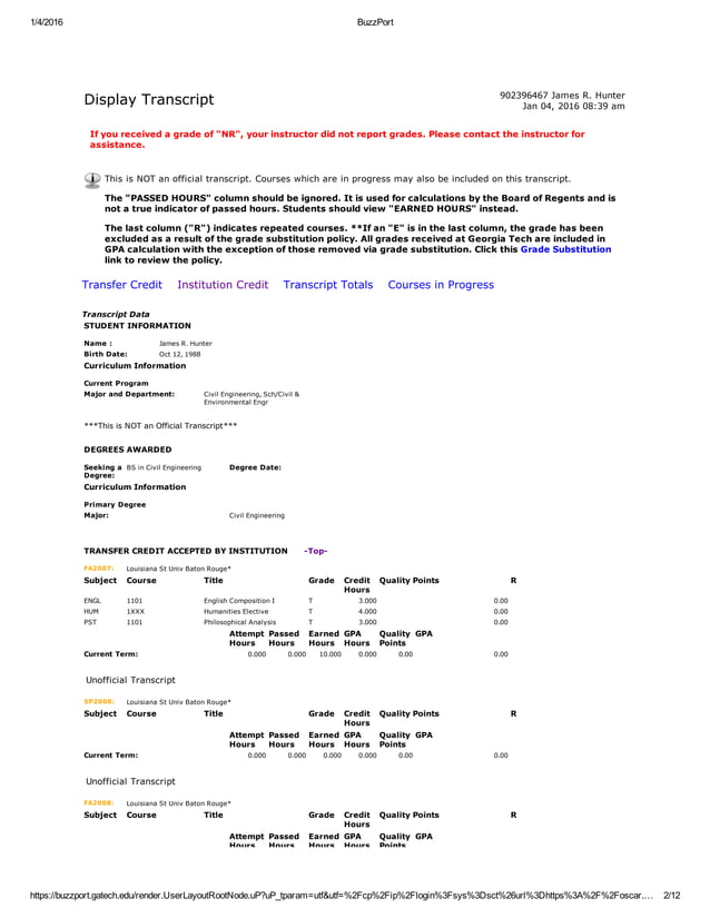 James Hunter Unofficial Transcript | PDF