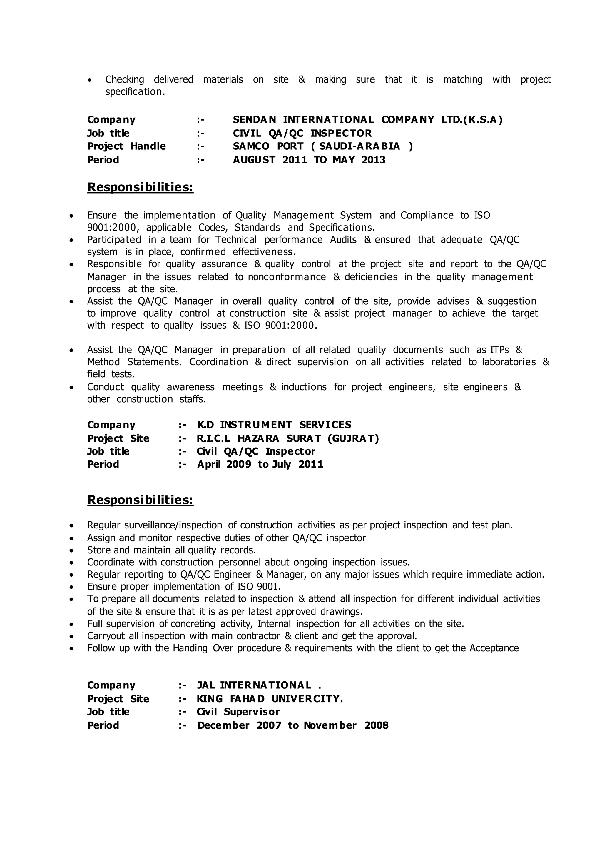 Q.C Civil Ispector | DOCX