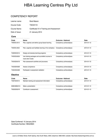 2014-01-10 - TAE40110 Certificate IV in Training and Assessment | PDF