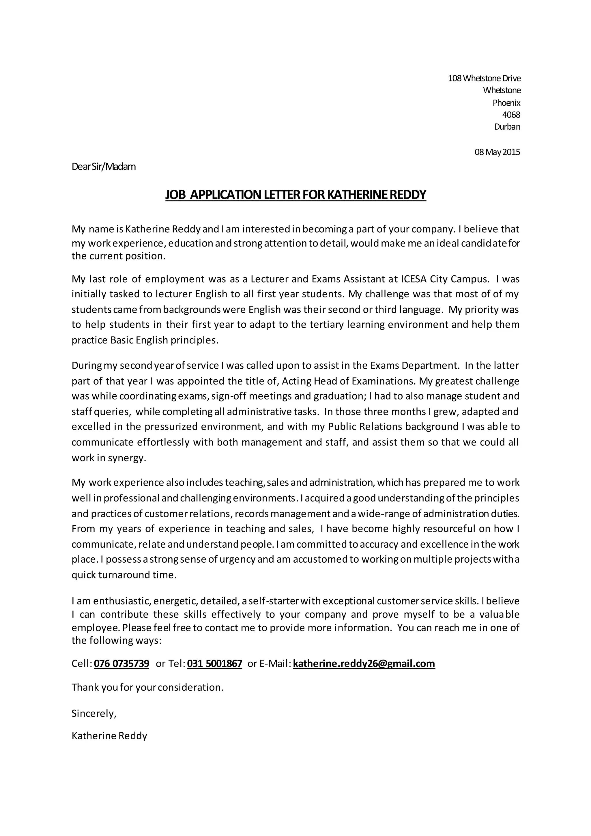 Cover Letter of Katherine Reddy | DOCX