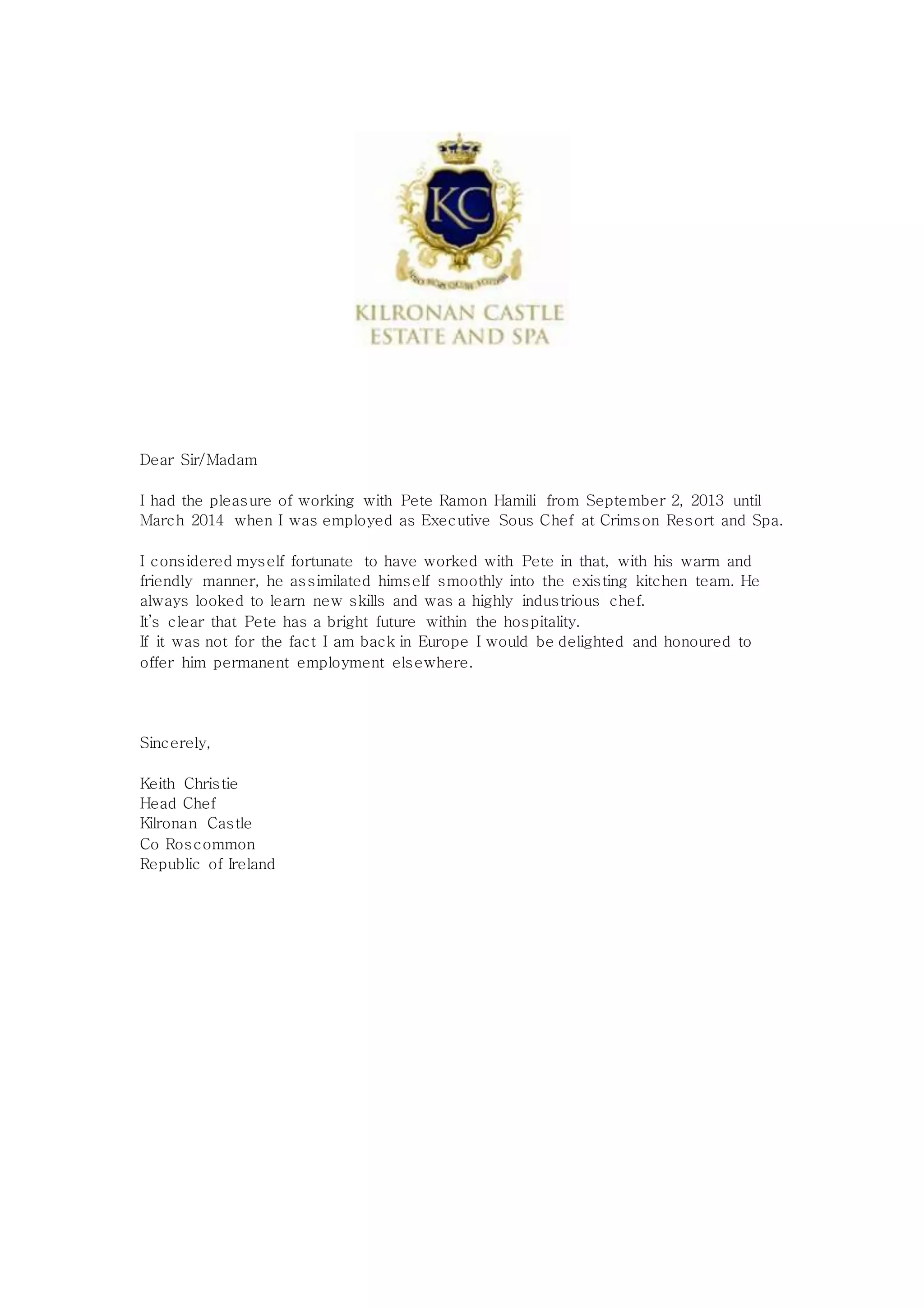 Chef Keith Recommendation Letter | DOCX