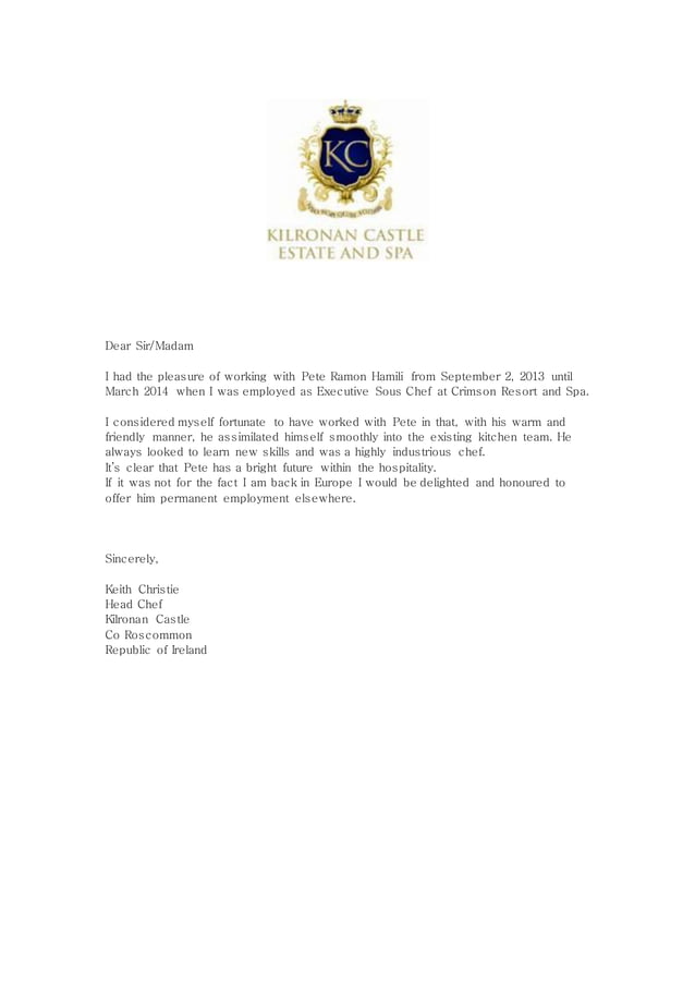Chef Keith Recommendation Letter | DOCX