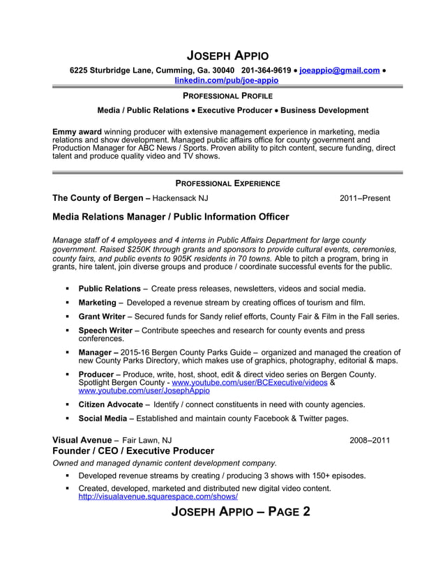 Joe Appio Resume2 | DOC | Television | Entertainment