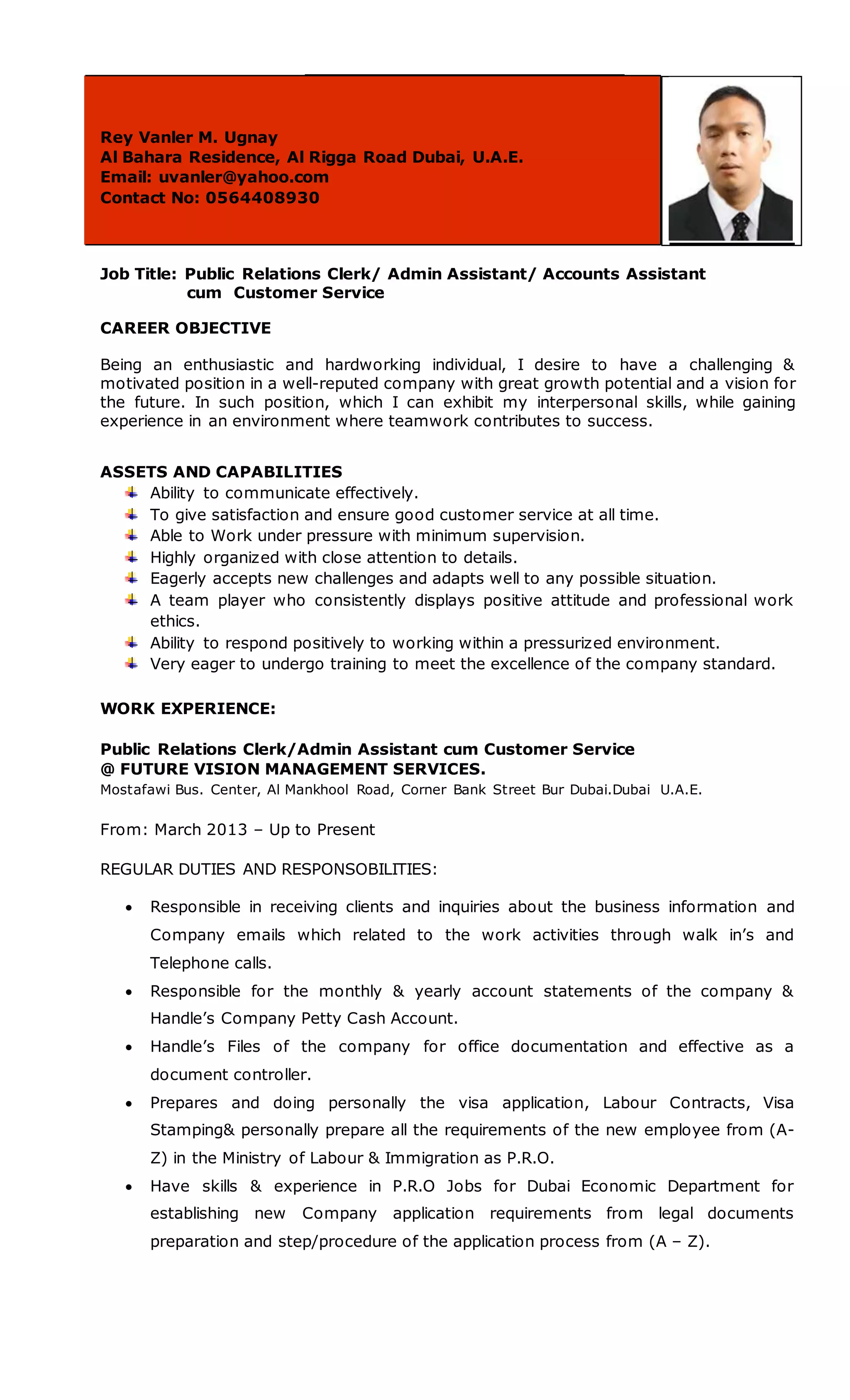 Rey Vanler Ugnay-CV - PR,Admin,Accnts,Customer Service | PDF