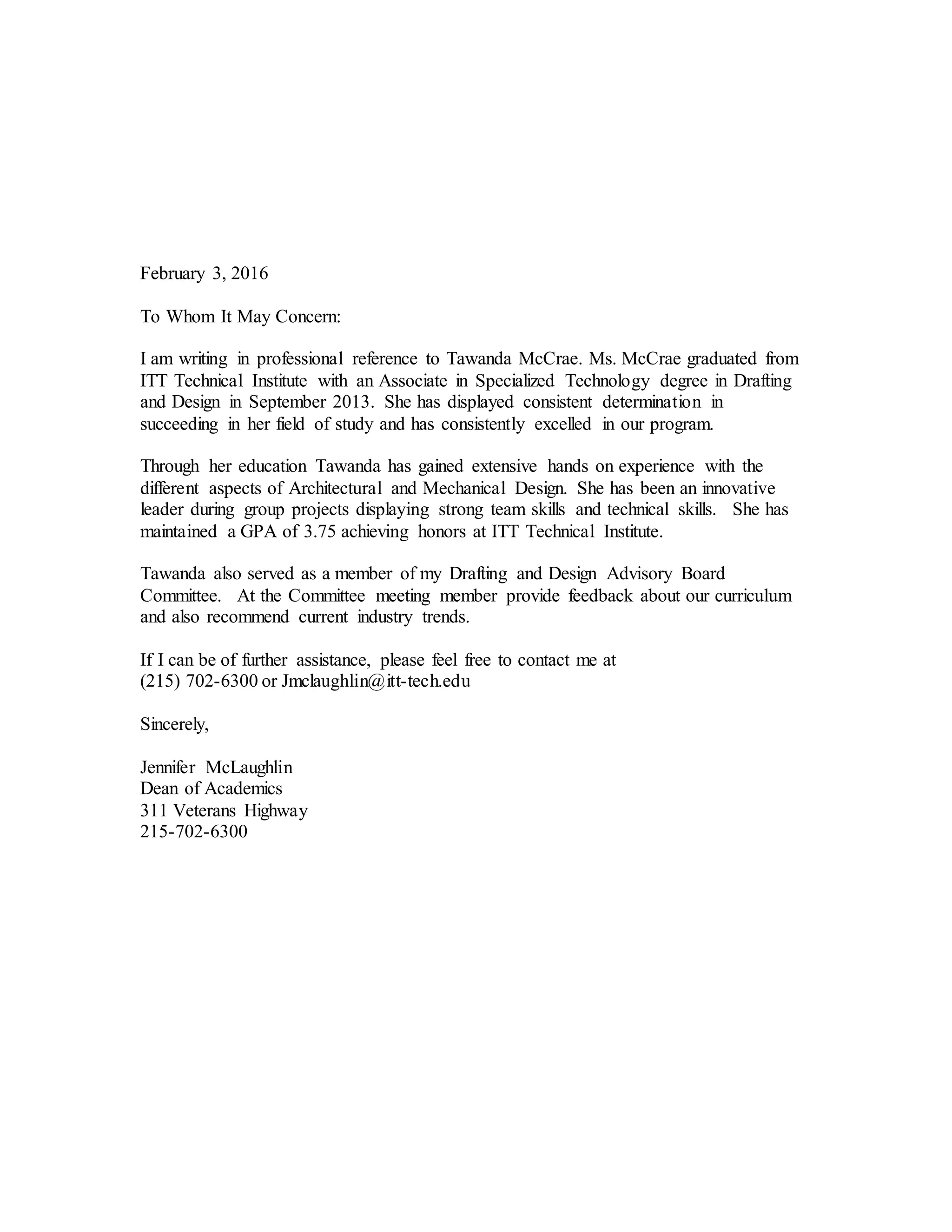 ITT Tech Letter of recommendation | DOCX