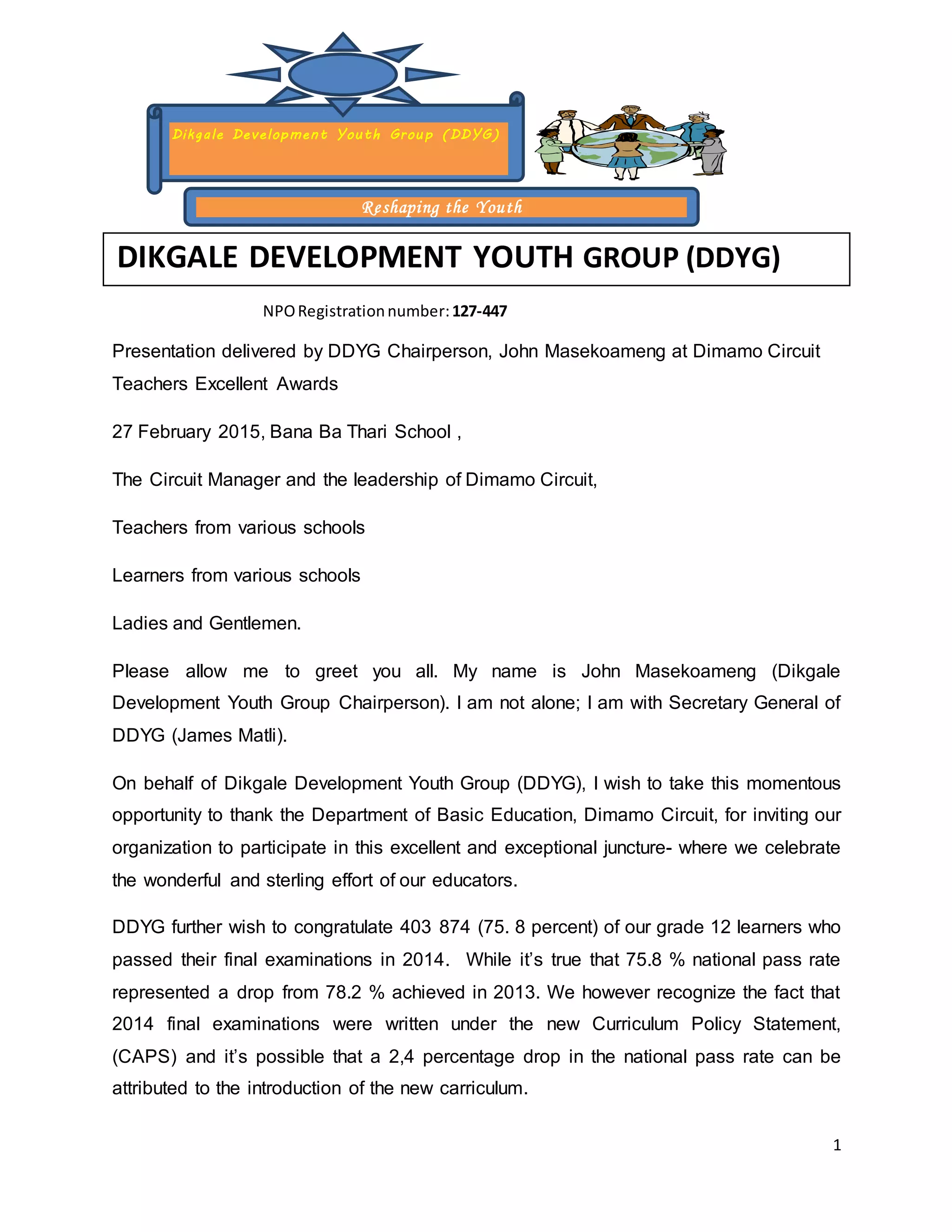 DDYG Chairperson 's presentation at Teachers 's awards. | DOCX