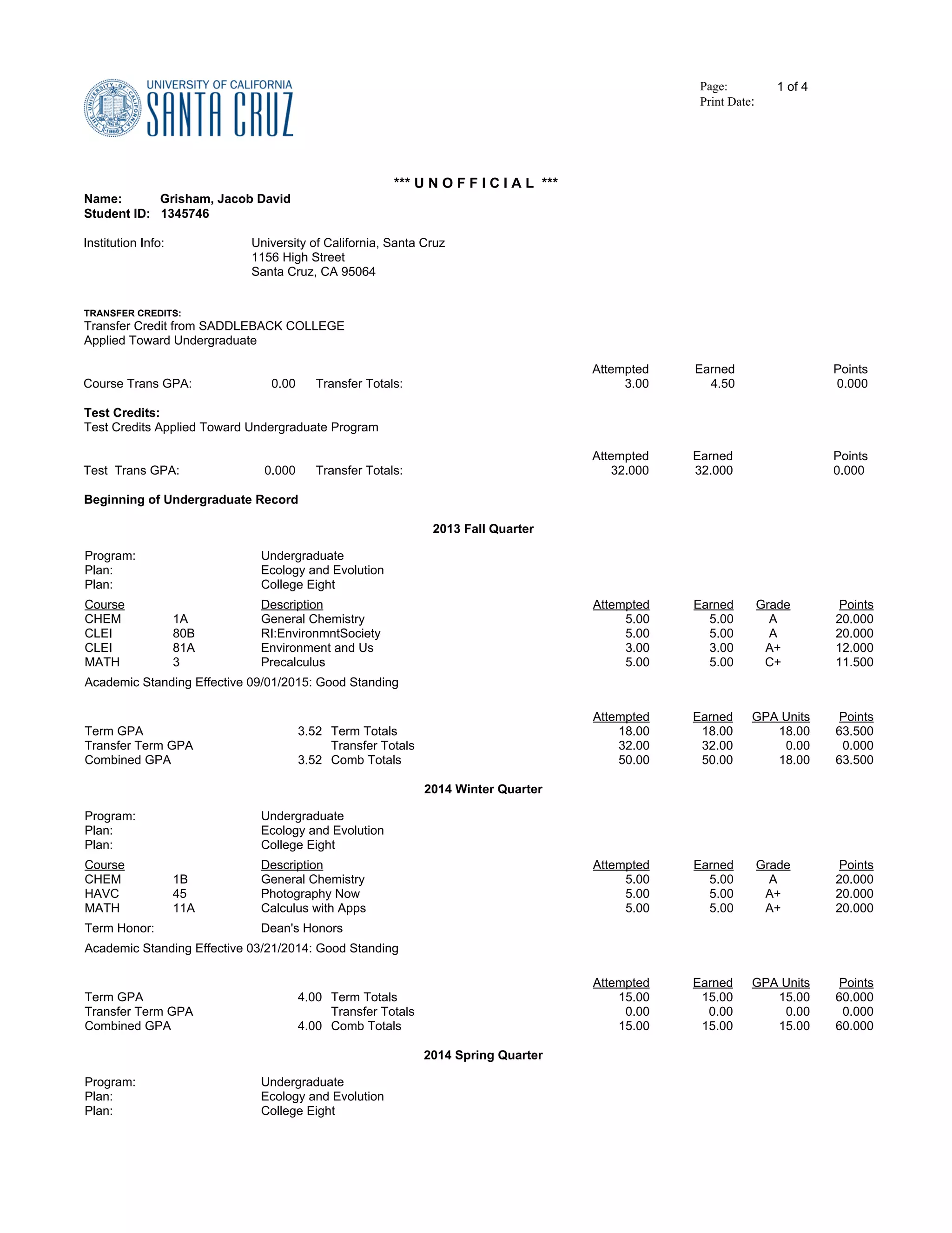 Unofficial Transcript | PDF