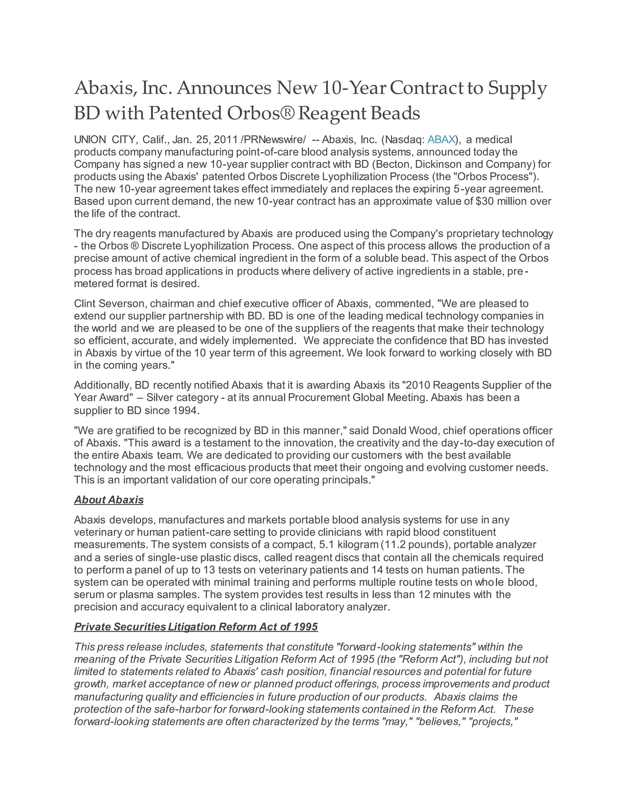 Abaxis press release | DOCX