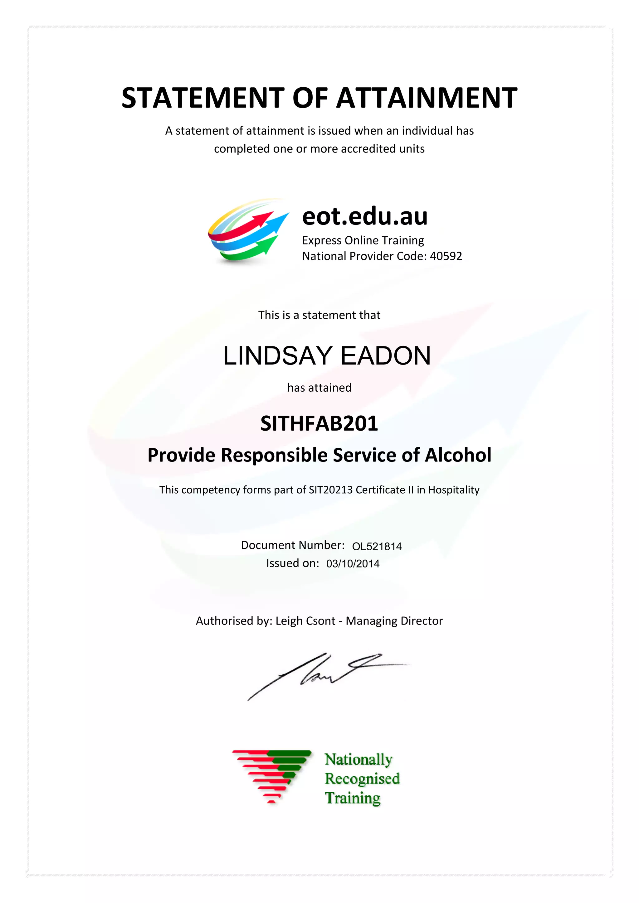 responsible service of alcohol certificate-OL521814 | PDF