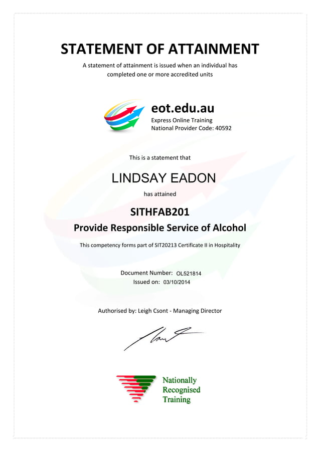 responsible service of alcohol certificate-OL521814 | PDF | Alcoholic ...