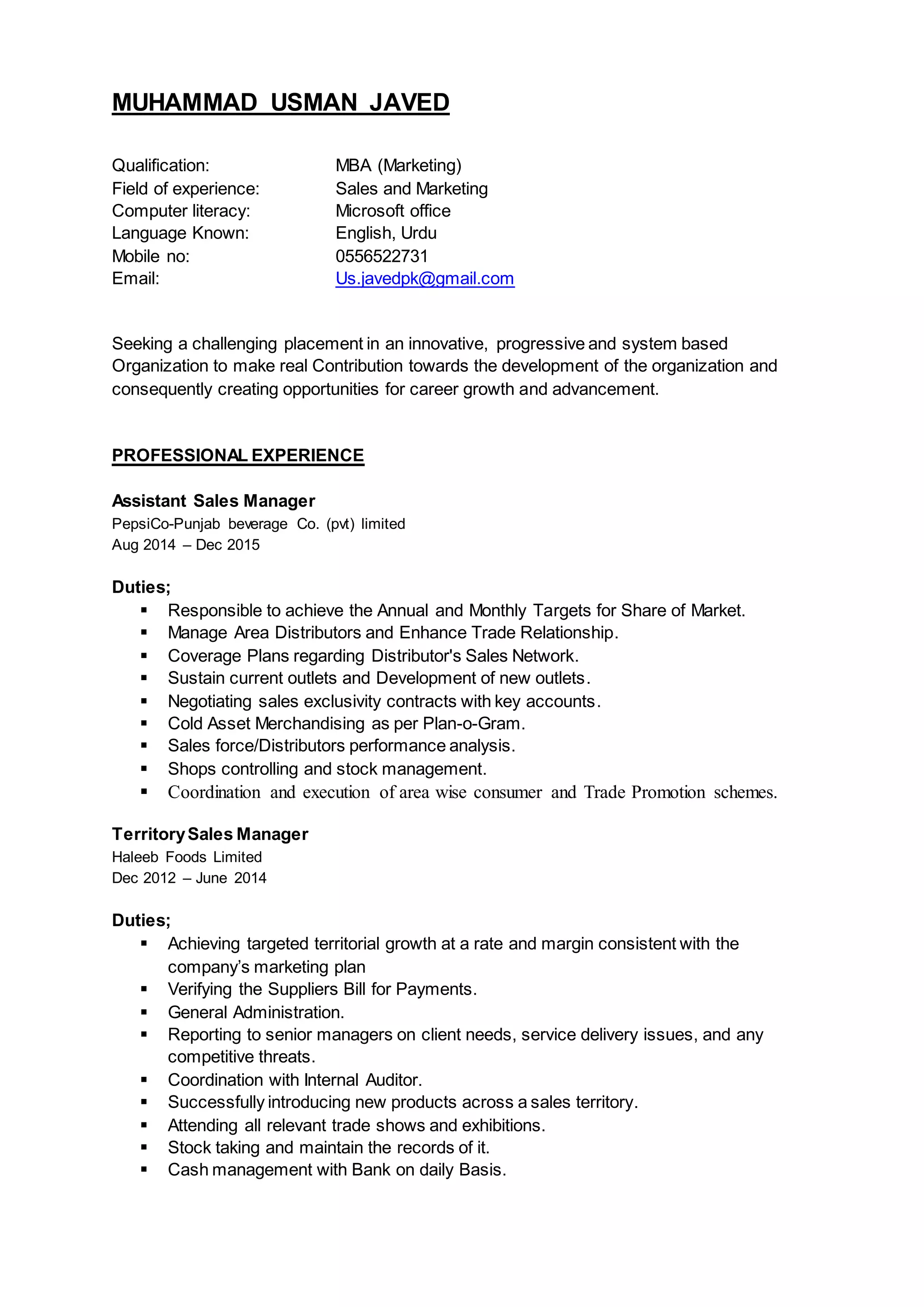 cv usman javed(MBA in marketing) (1) - Copy | DOCX