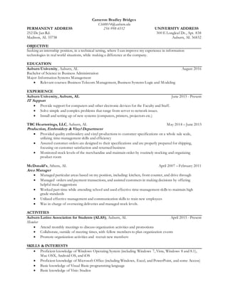 Cameron Bridges Resume 2015 | DOCX