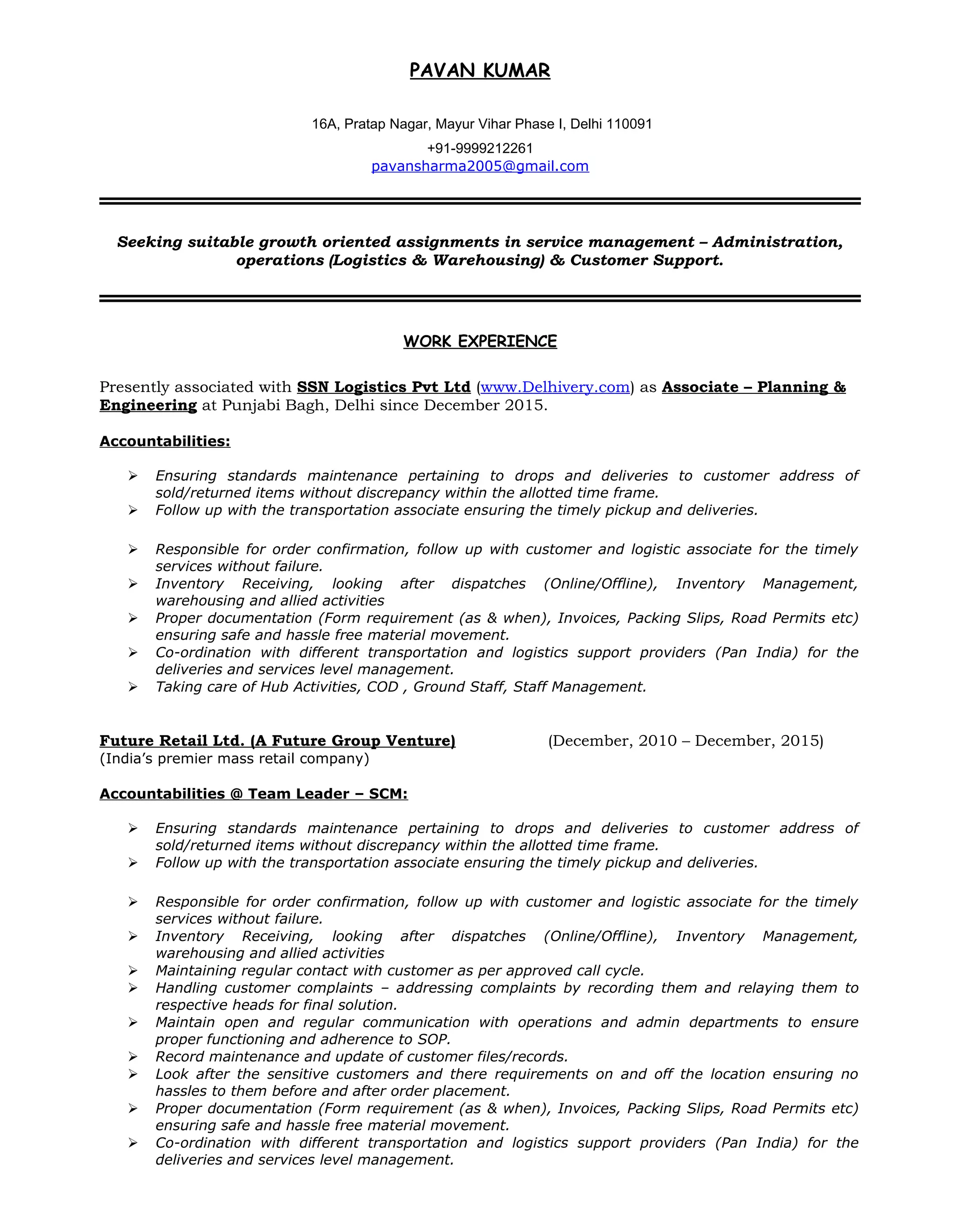 Pavan Resume | DOC | Logistics and Transportation Industry | Industries