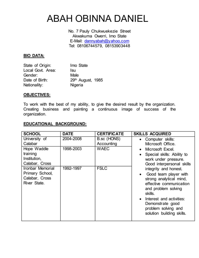 ABAH OBINNA DANIEL C.V 2 | DOCX | Business | Business and Finance