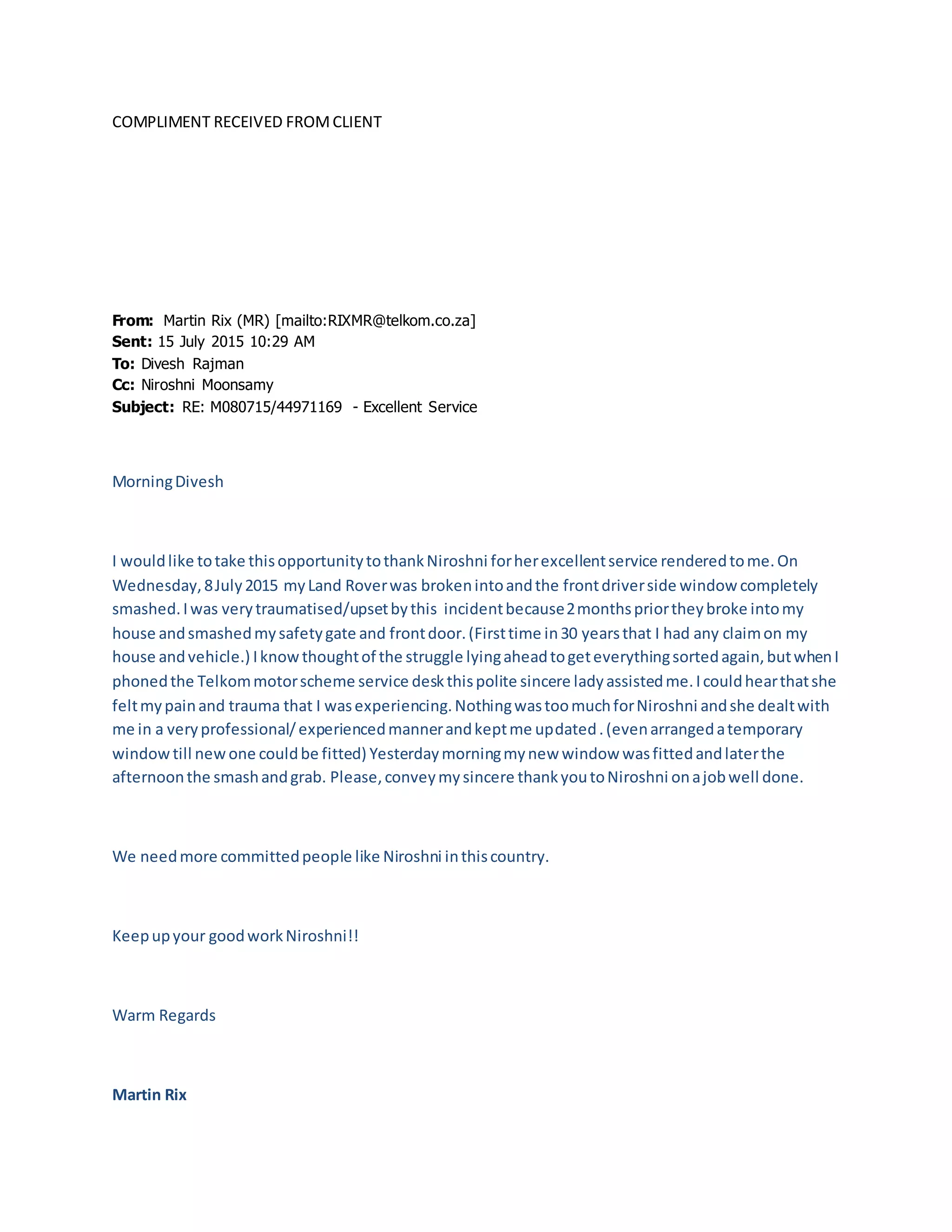 COMPLIMENT RECEIVED FROM CLIENT | DOCX