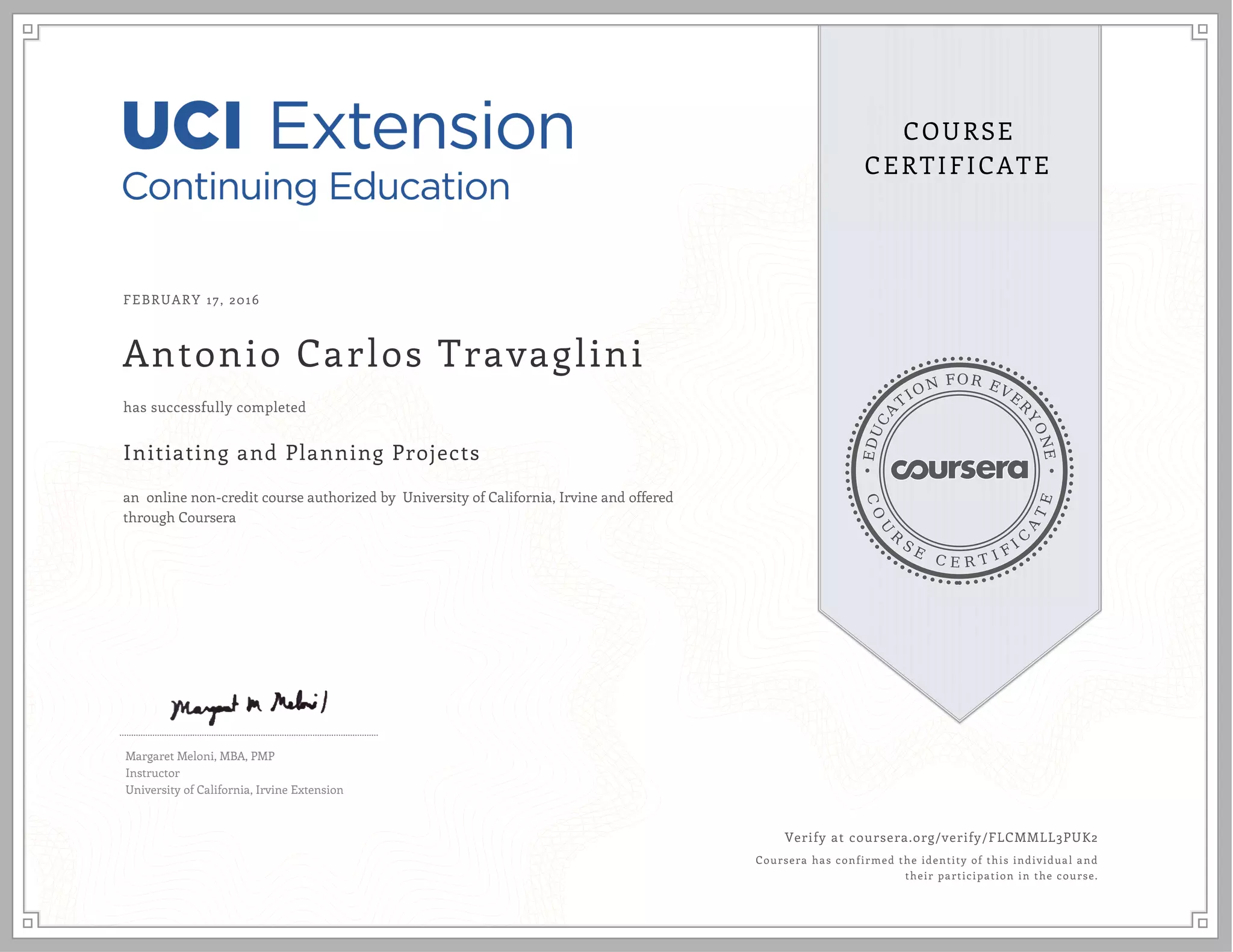 Coursera Certificate Initiating and Planning Projects | PPT
