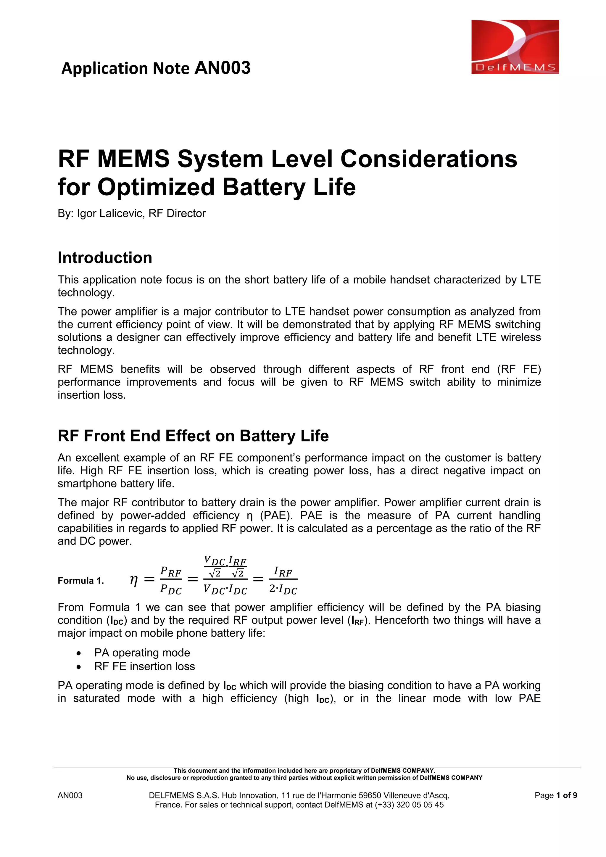 AN003 RF MEMS System Level Considerations for Optimized Battery Life | PDF