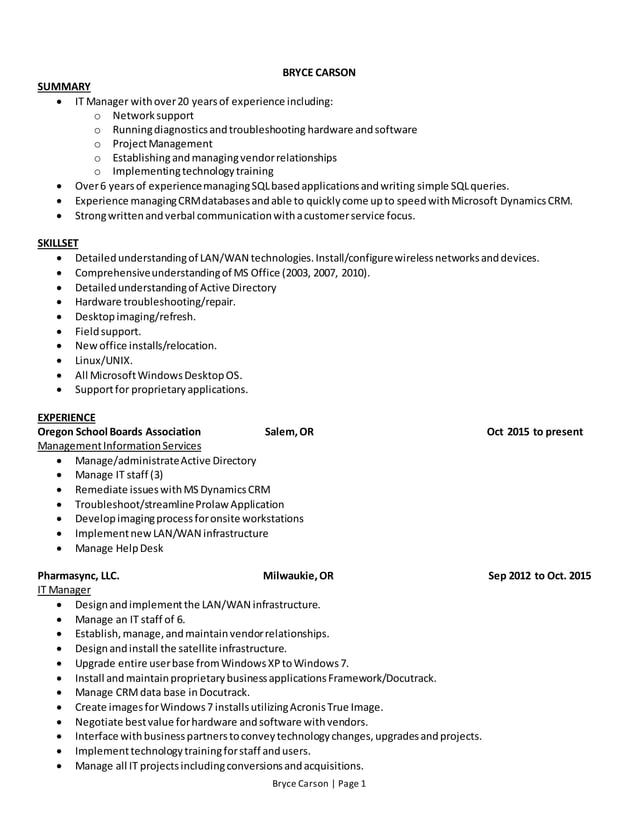 Carson, Bryce - Resume | DOCX | IT and Internet Support | Internet