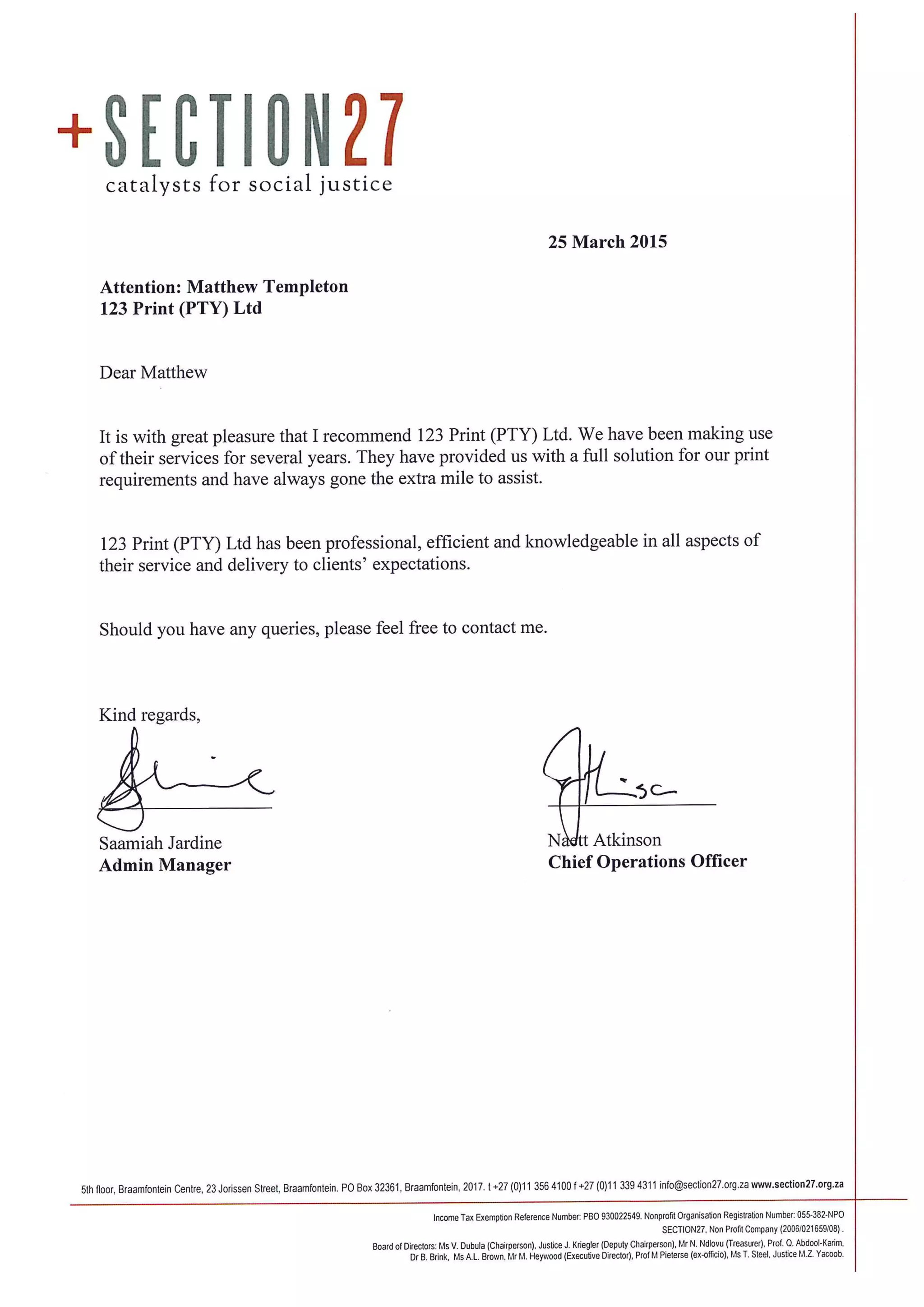 Reference Letter - Section 27 | PDF