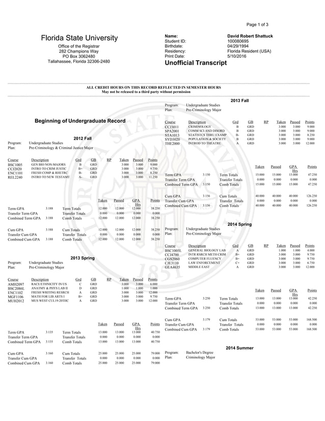 David Shattuck FSU Transcripts | PDF
