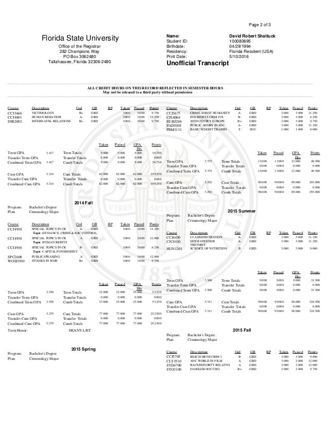 David Shattuck FSU Transcripts