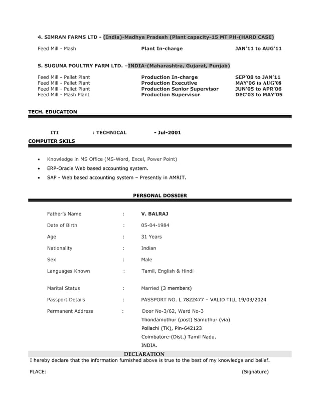 Satheeshkumar Resume | DOC | Agriculture | Industries