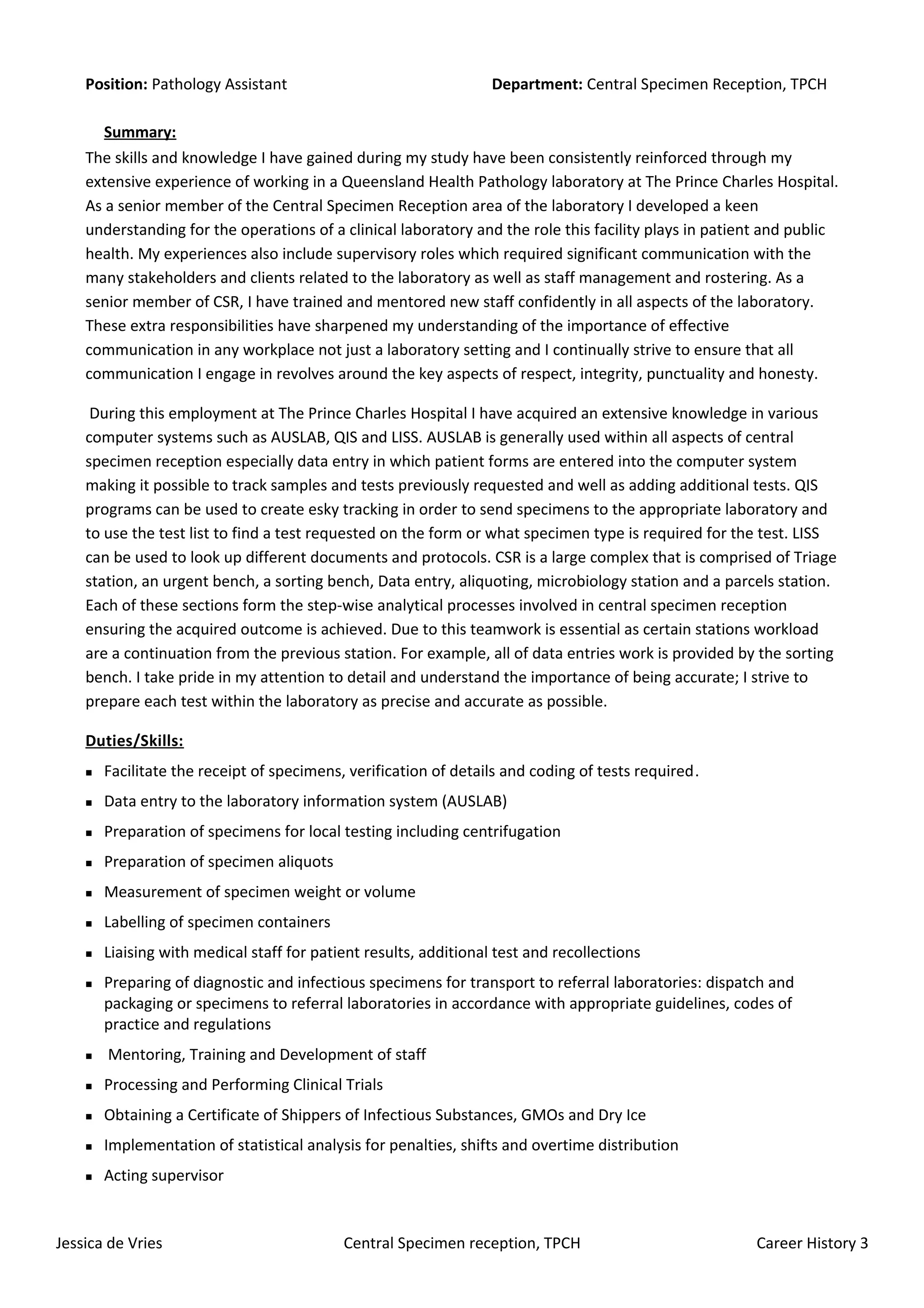 CSR pathology assistant Job description | DOC