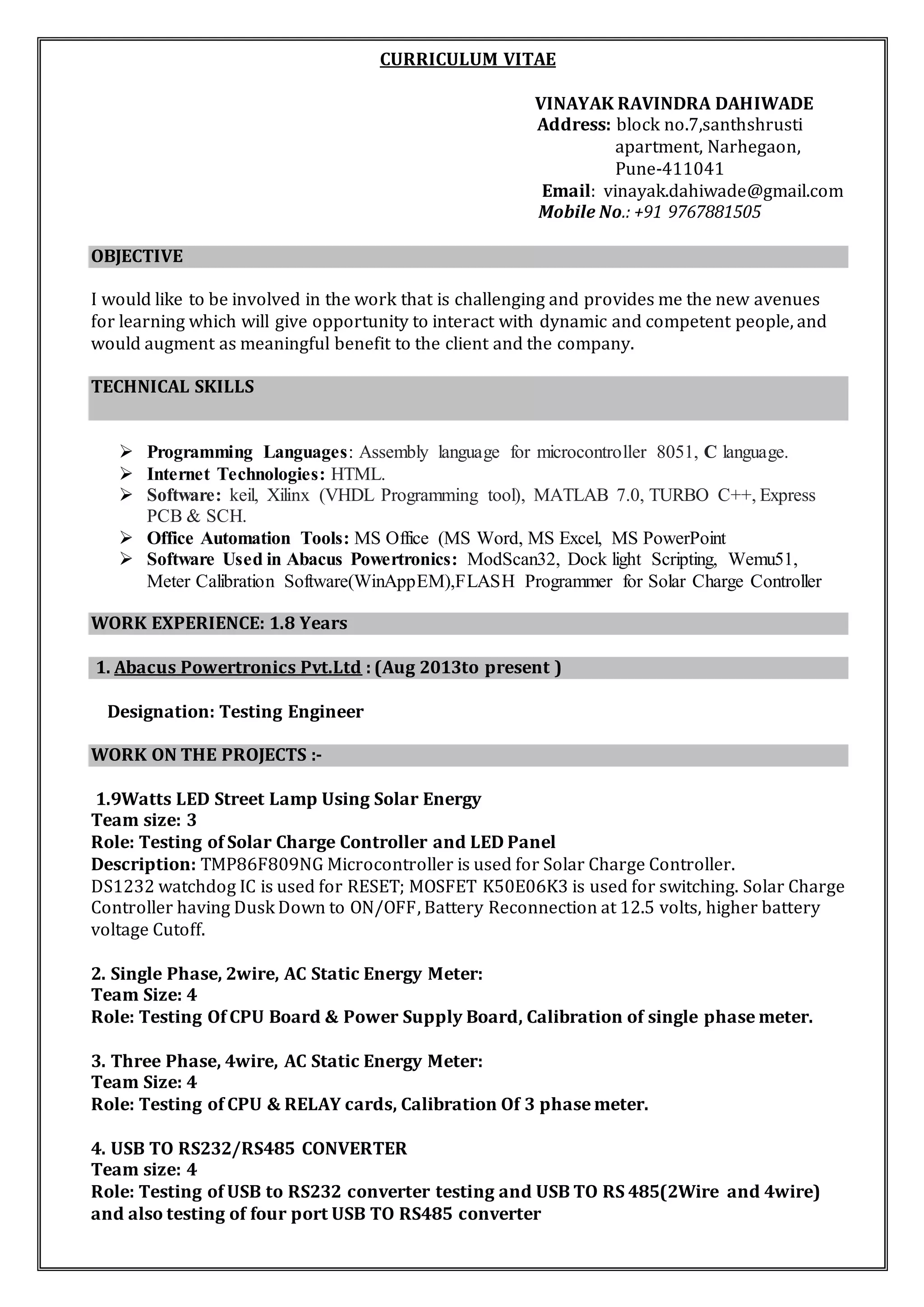 vinayak cv | DOCX | Technology & Computing