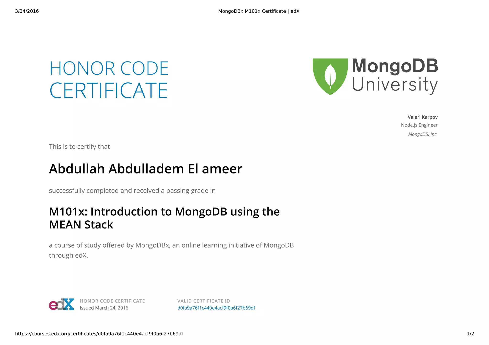 MongoDBx M101x Certificate _ edX | PDF