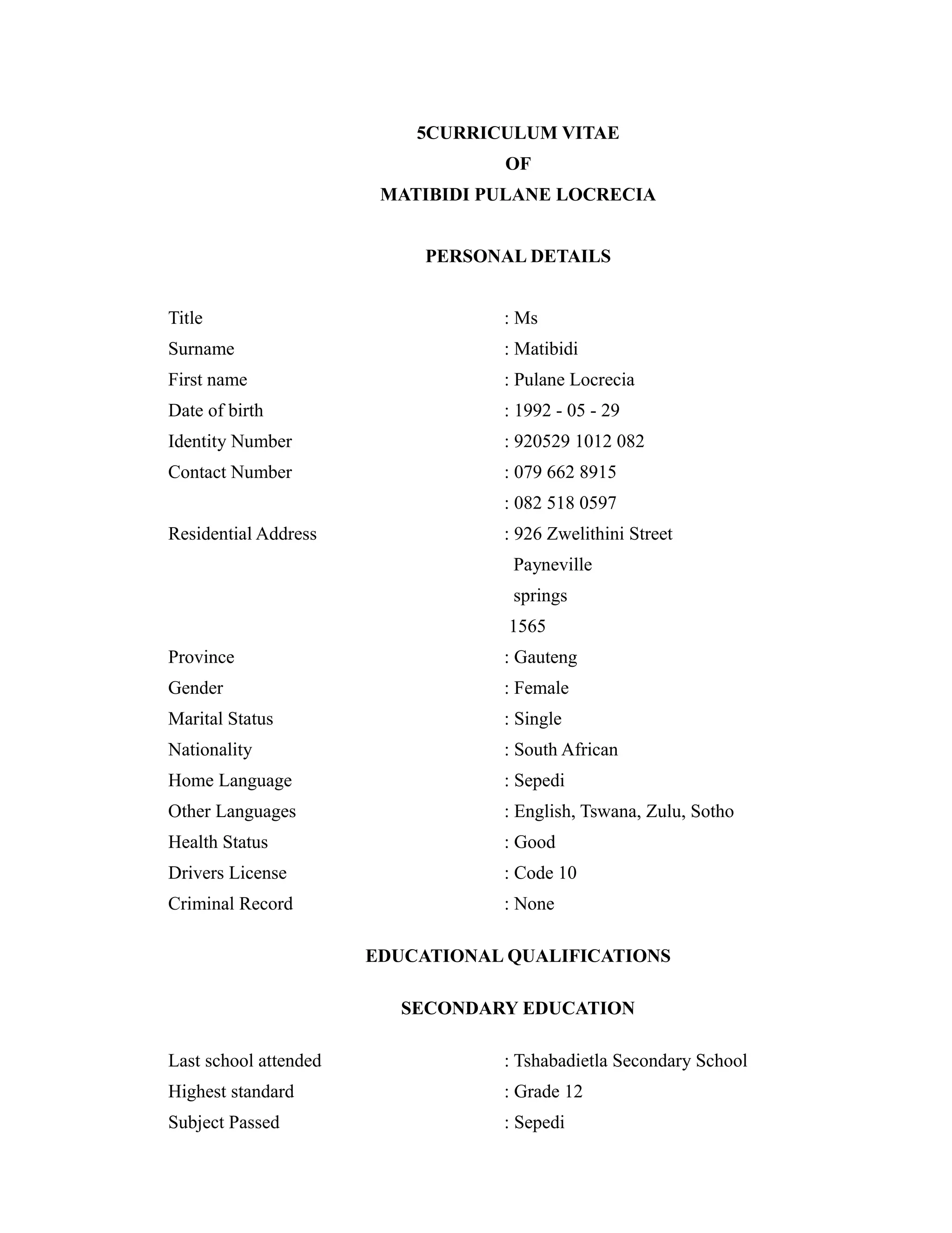 CURRICULUM VITAE Matibidi Pulane Locrecia 1 | PDF