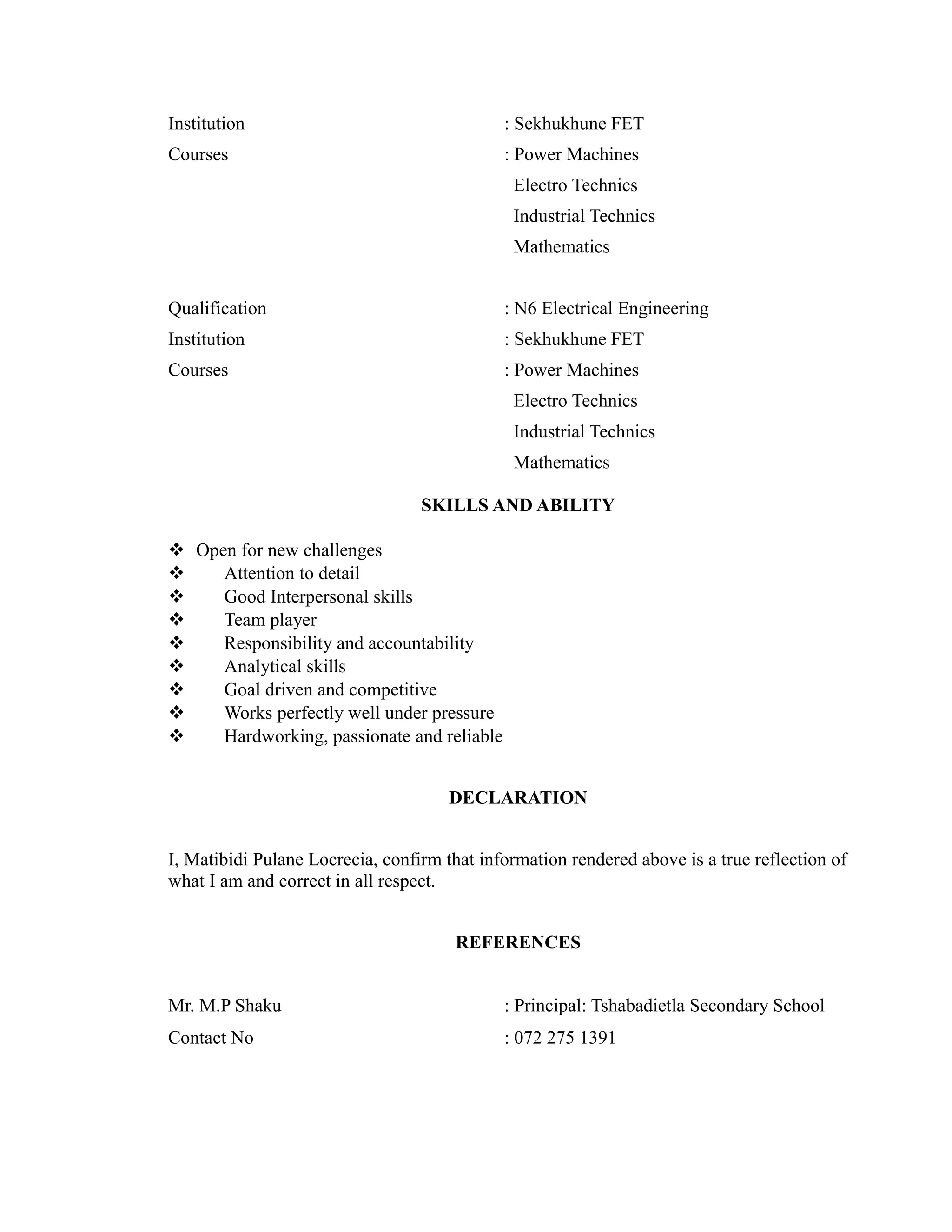 CURRICULUM VITAE Matibidi Pulane Locrecia 1 | PDF