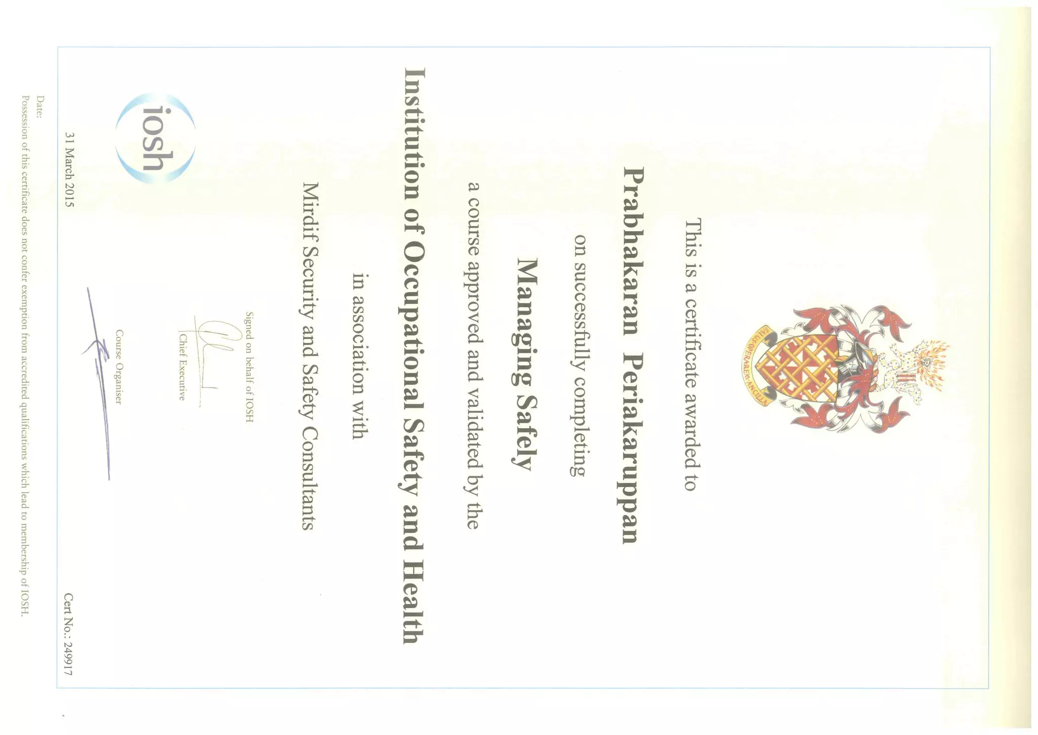 Prabhakaran-IOSH passed Certificate. | PDF