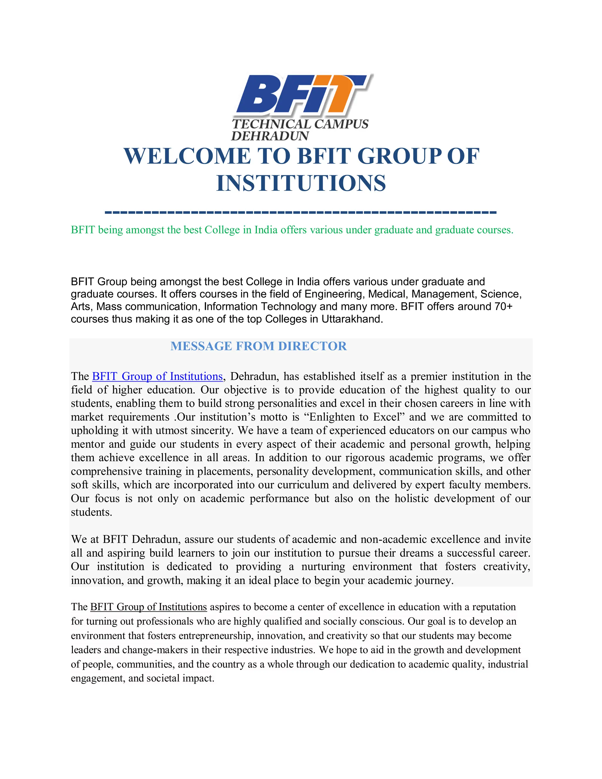 Excellence of Education: BFIT College in Dehradun | PDF