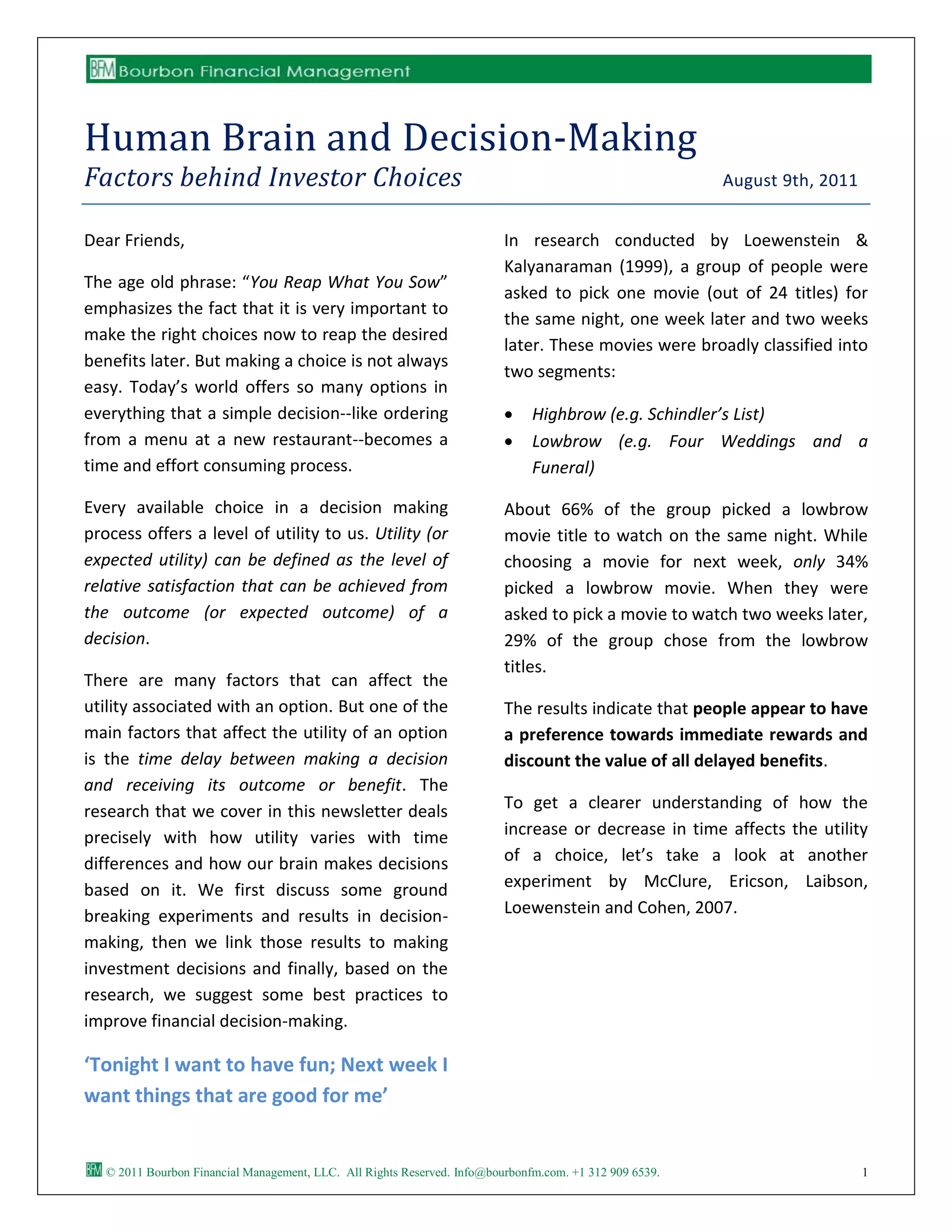 Human Brain and Decision-Making | PDF