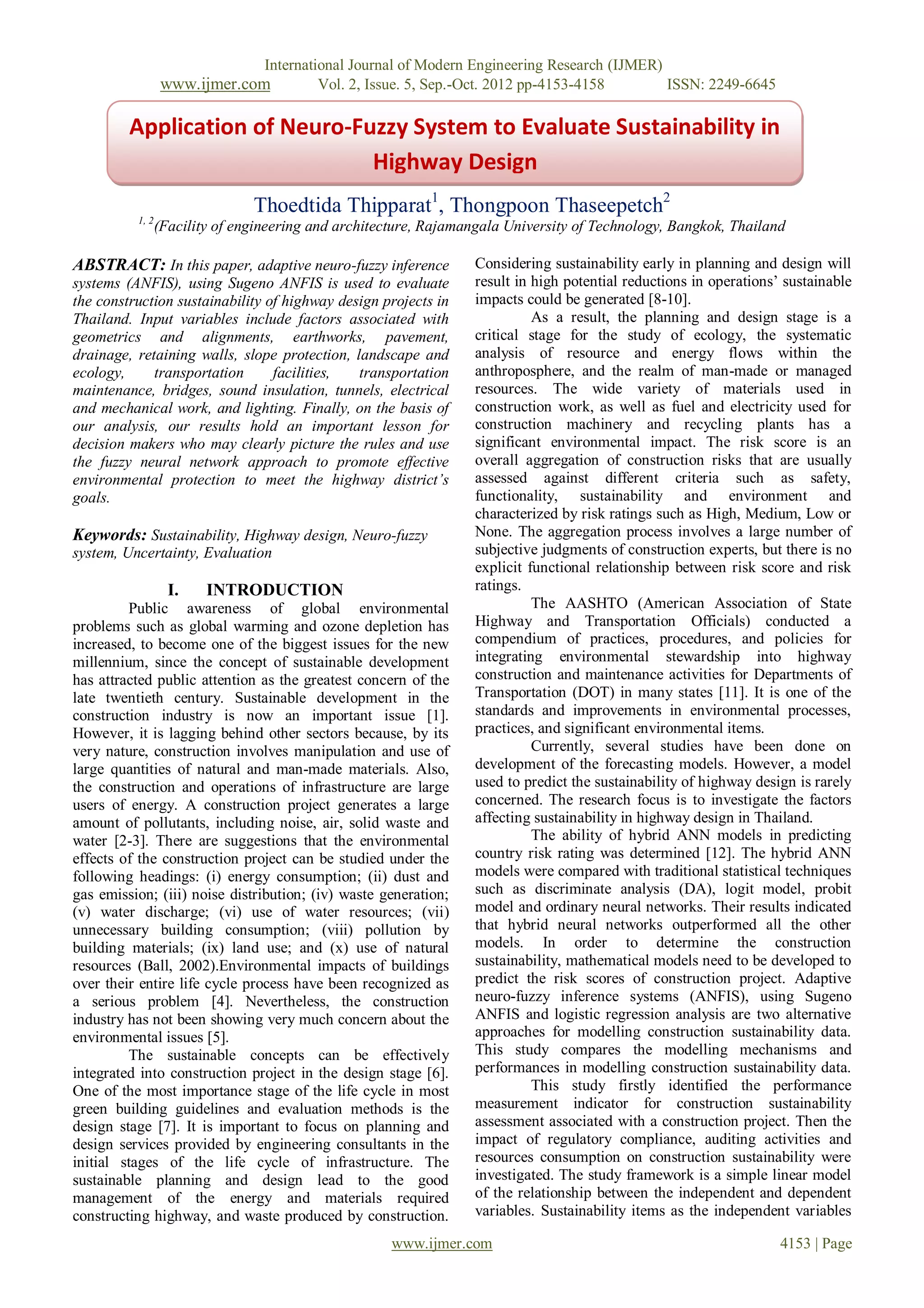 Application of Neuro-Fuzzy System to Evaluate Sustainability in Highway ...